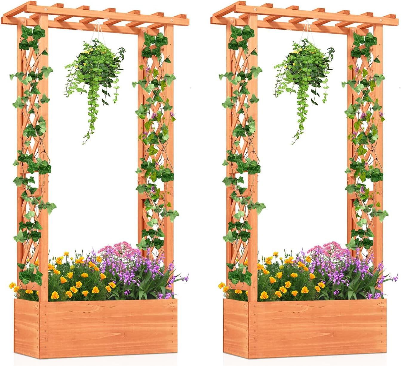 HAPPYGRILL Raised Garden Bed with Trellis, Wood Planter Boxes with ...