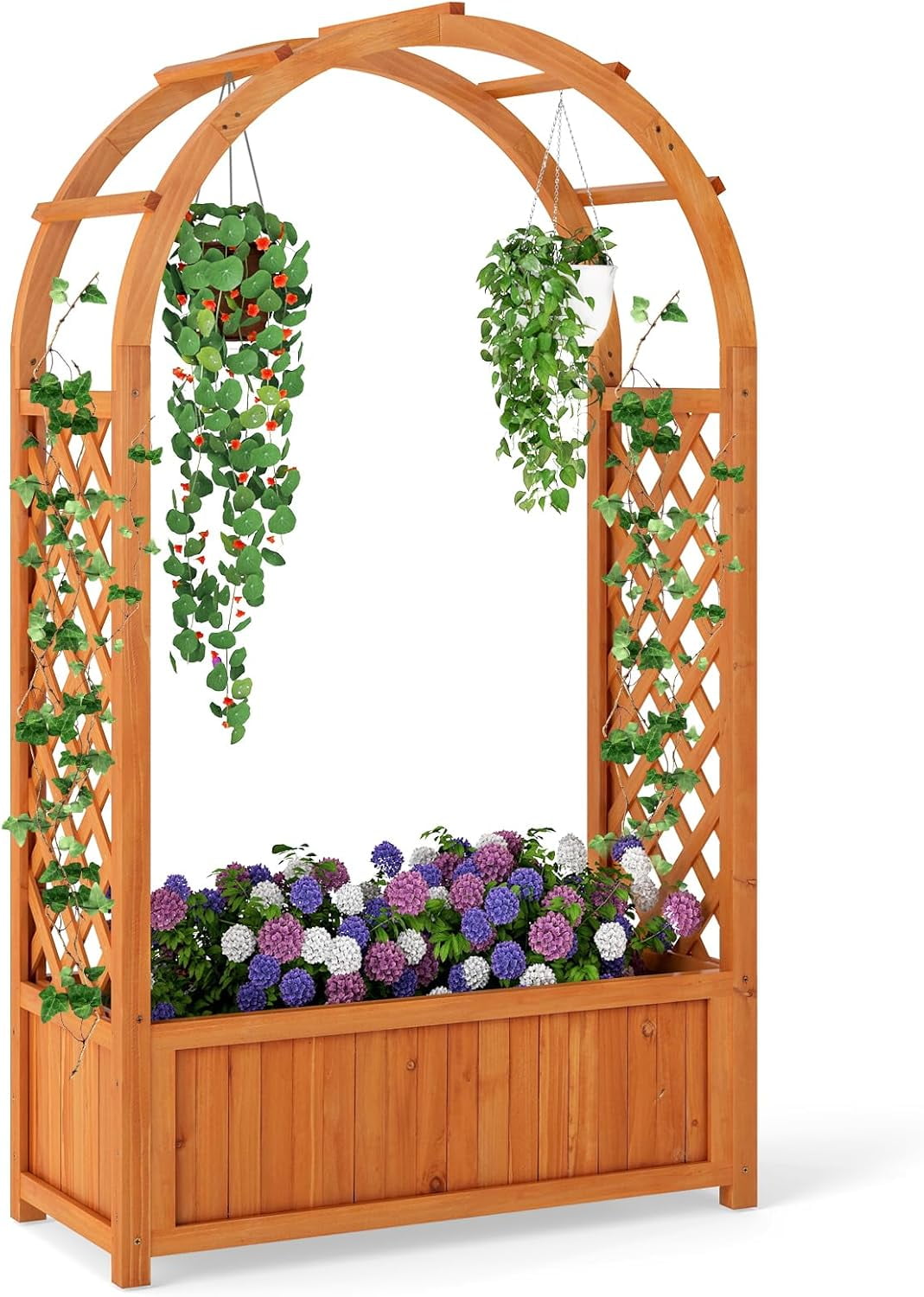 HAPPYGRILL Raised Garden Bed with Trellis, Wooden Elevated Planter Box ...