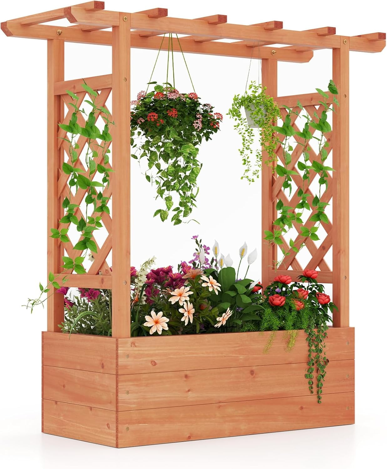 HAPPYGRILL Raised Garden Bed with Trellis, Wooden Elevated Planter Box ...