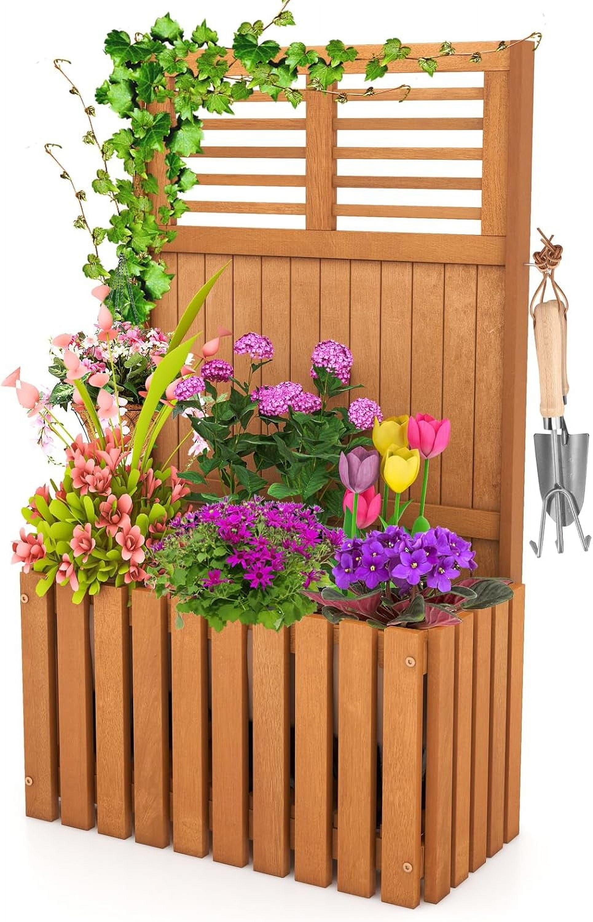 HAPPYGRILL Raised Garden Bed, Wooden Planter w/Trellis, Privacy Screen ...
