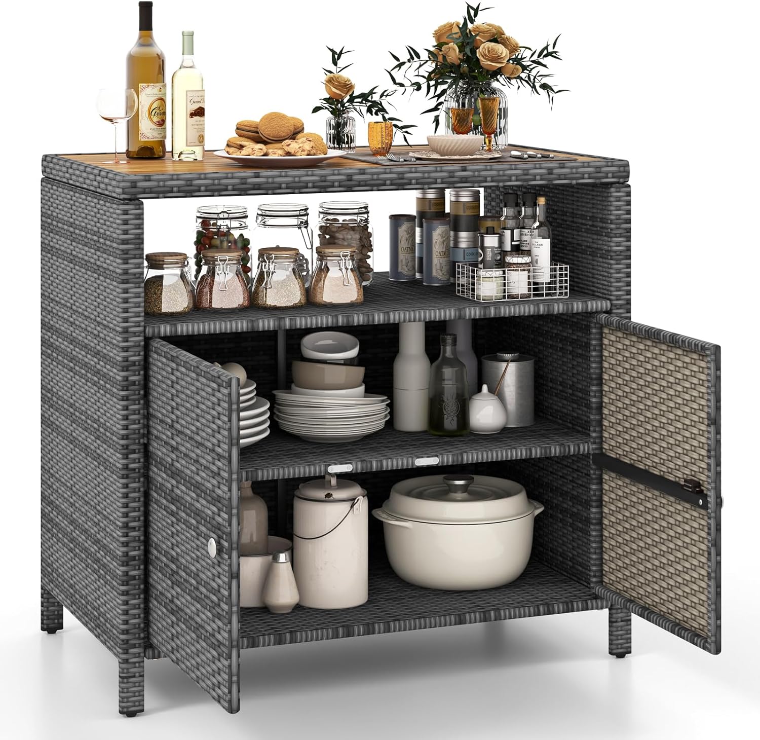 HAPPYGRILL Rattan Storage Cabinet, Patio Sideboard Buffet Cabinet with ...