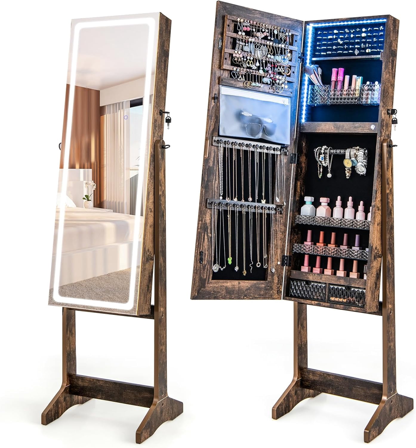 HAPPYGRILL Standing Mirror Jewelry Cabinet w/LED Lights, Lockable ...