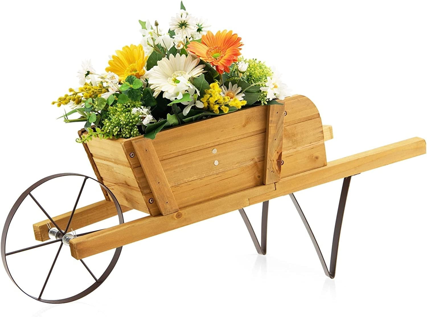 HAPPYGRILL Wheelbarrow Wagon , Small Solid Pine Wood Flower Pot with ...