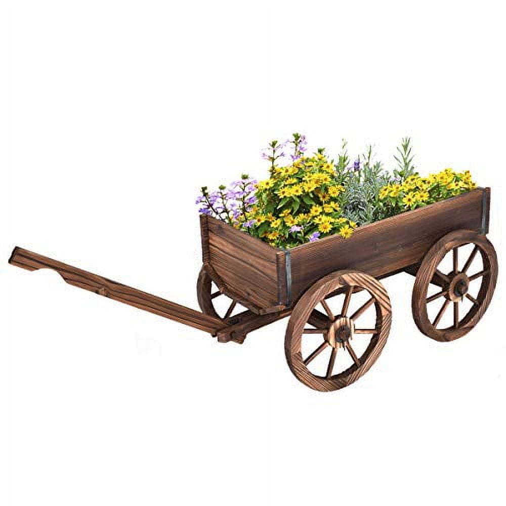 HAPPYGRILL Wood Wagon, Decorative Flower Planter Pot Stand with 4 ...