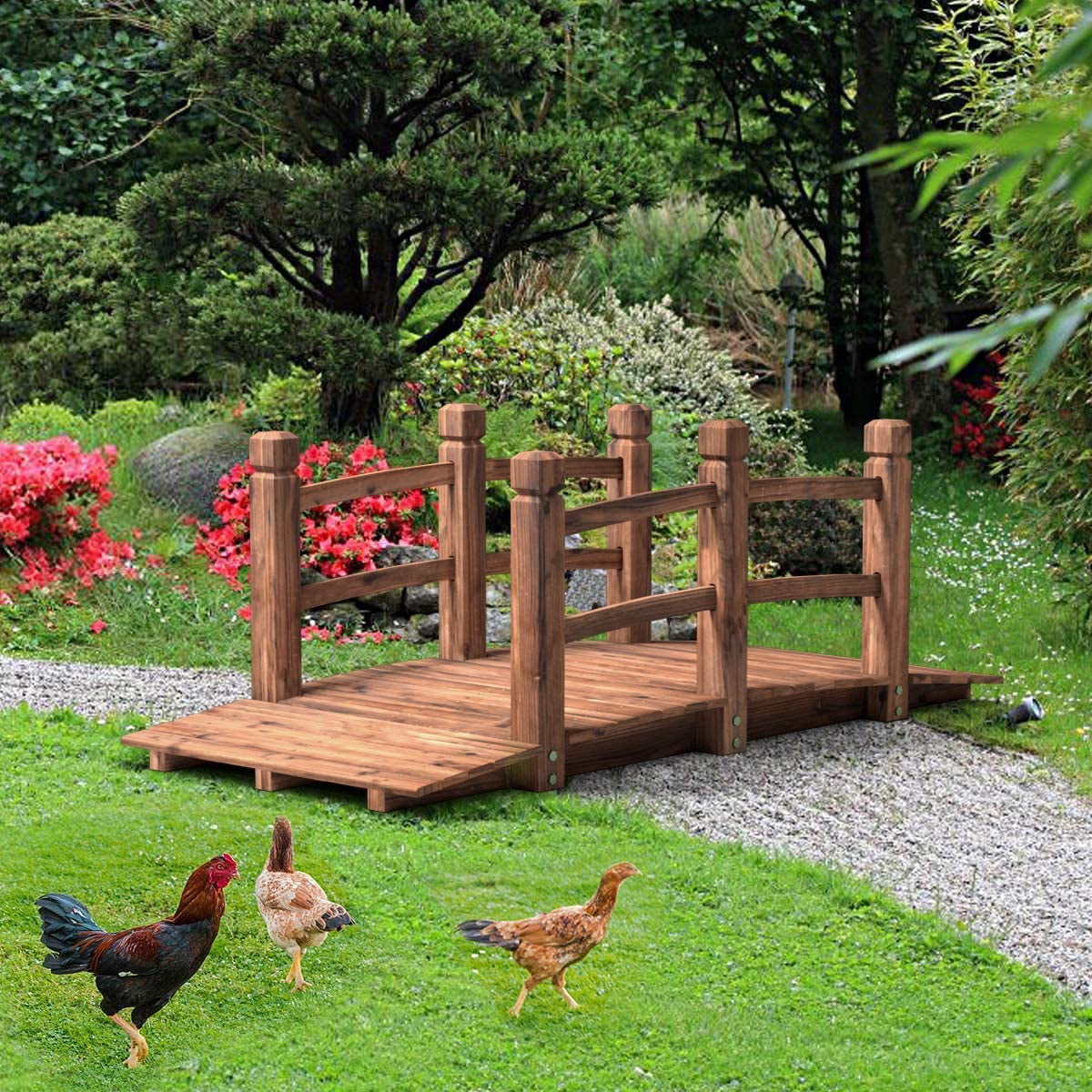 HAPPYGRILL Wooden Garden Bridge, Stained Finish Decorative Pond Bridge ...