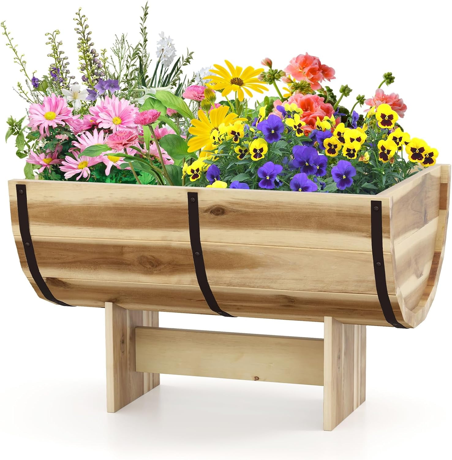 HAPPYGRILL Wooden Pots, Solid Acacia Wood Half-Barrel Planting Flower ...