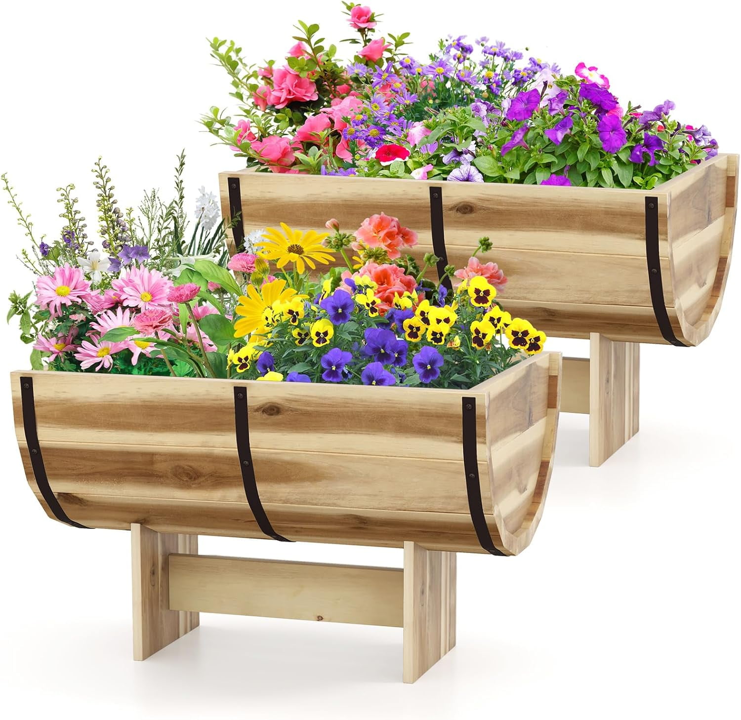 HAPPYGRILL Wooden Pots, Solid Acacia Wood Half-Barrel Planting Flower ...