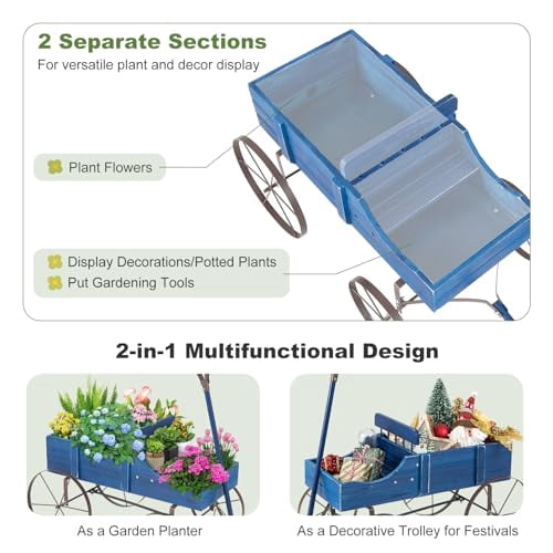 HAPPYGRILL Wooden Wagon Planter, 24.5” x 13.5” x 24” Decorative Garden ...
