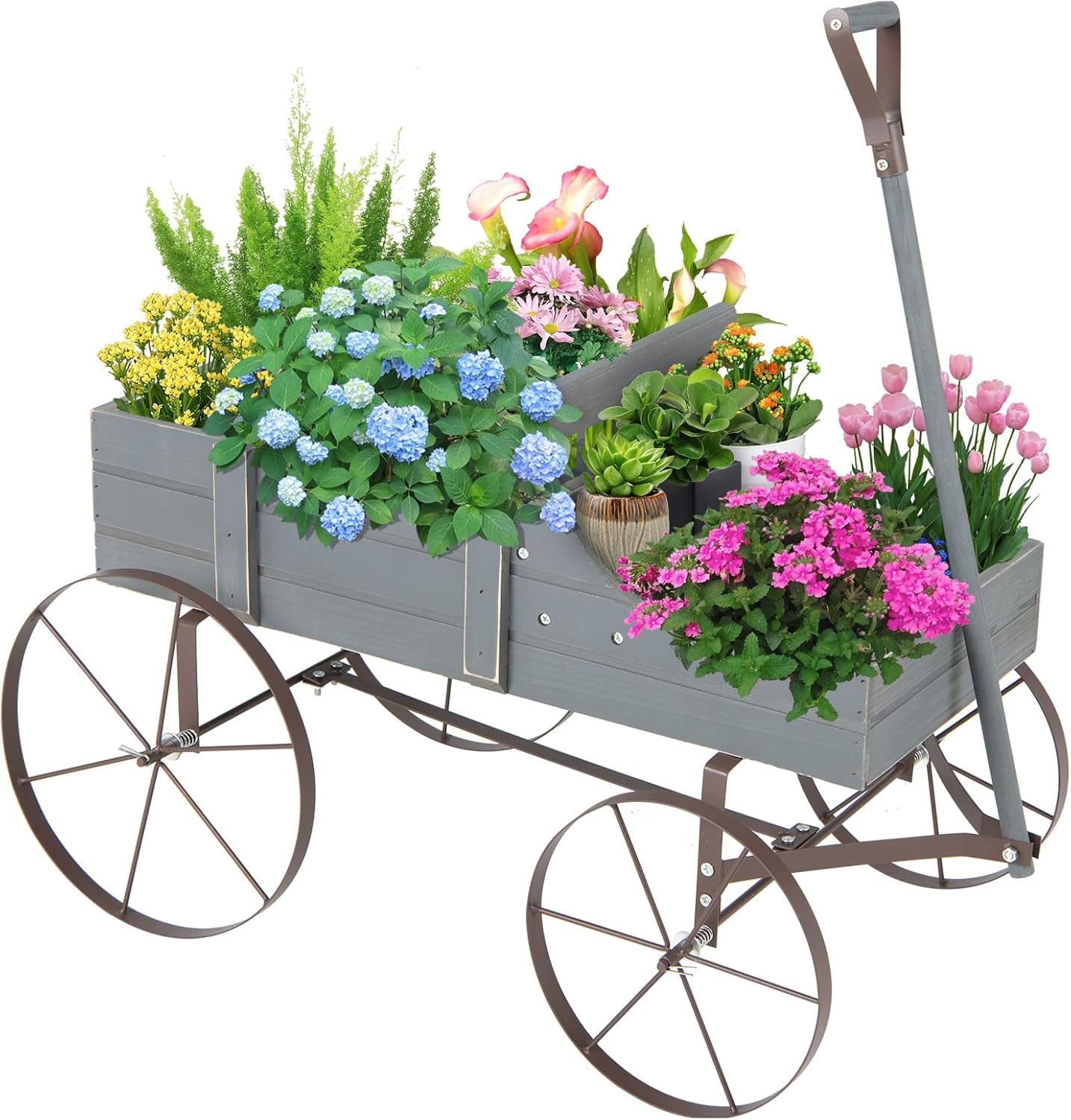 HAPPYGRILL Wooden Wagon Planter, 24.5” x 13.5” x 24” Decorative Garden ...