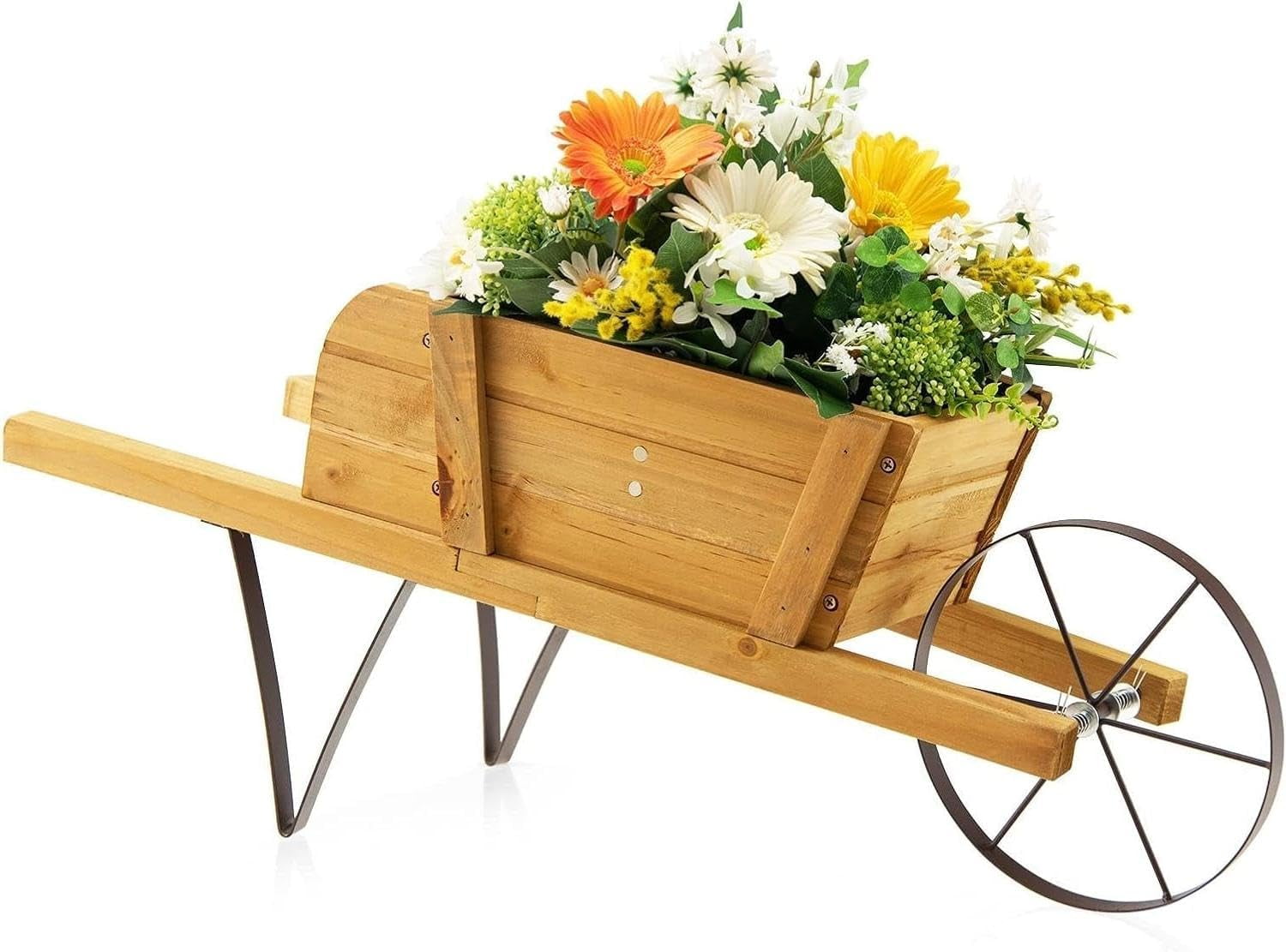 HAPPYGRILL Wooden Wagon Planter, Small Flower Pot w/Triangular Metal ...