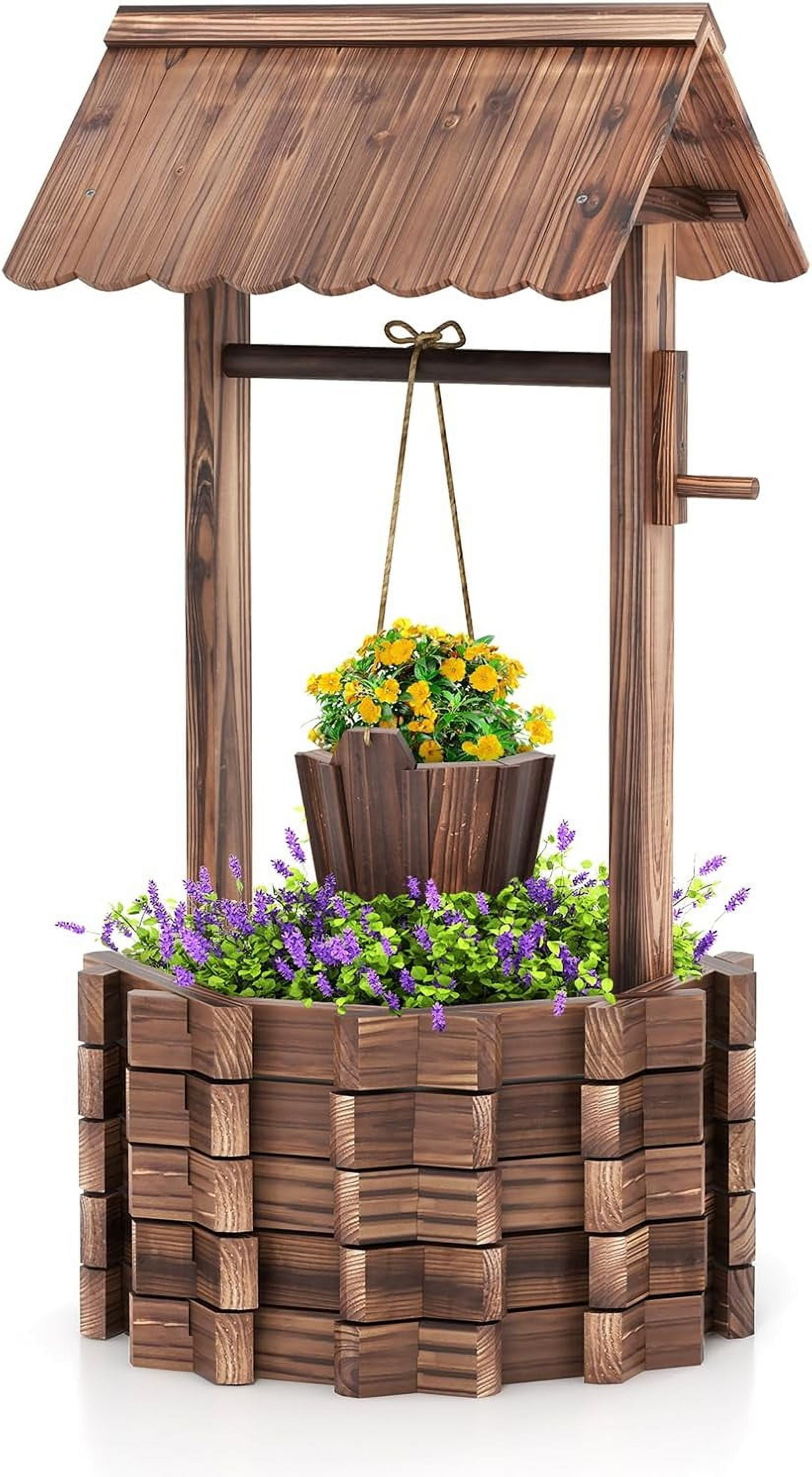 HAPPYGRILL Wooden Wishing Well Planter with Hanging Bucket, Flower ...