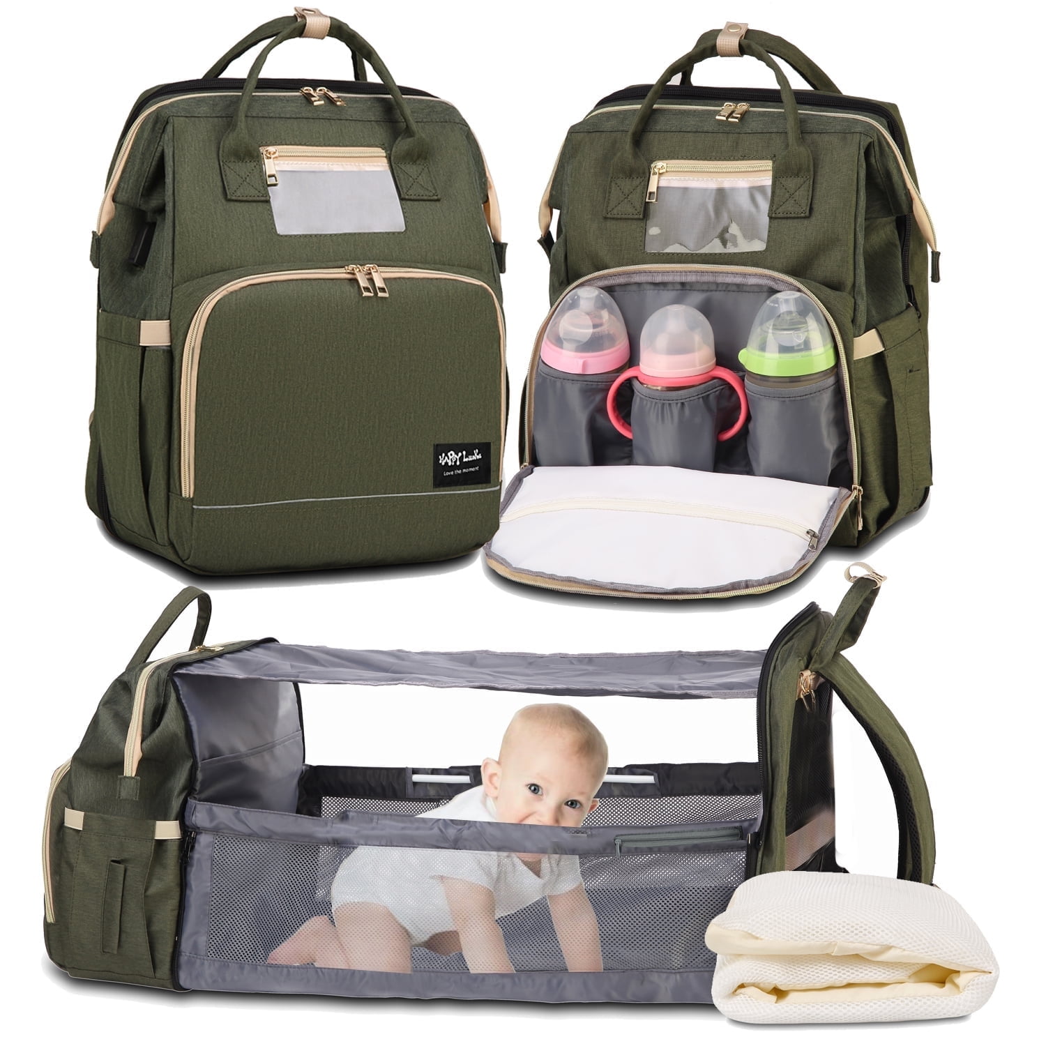 HAPPYLUOKA Multifunctional Baby Diaper Changing Bag with Foldable Pad ...