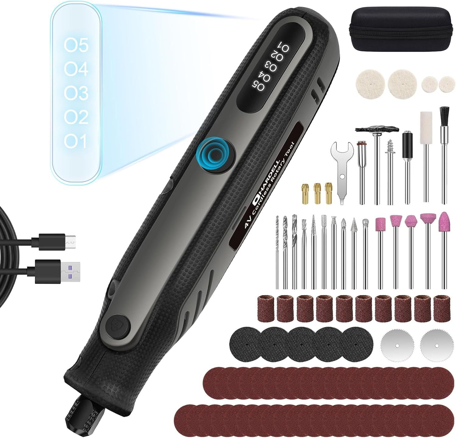 HARDELL Mini Cordless Rotary Tool, 5-Speed 4V Battery Rotary Tool Kit ...