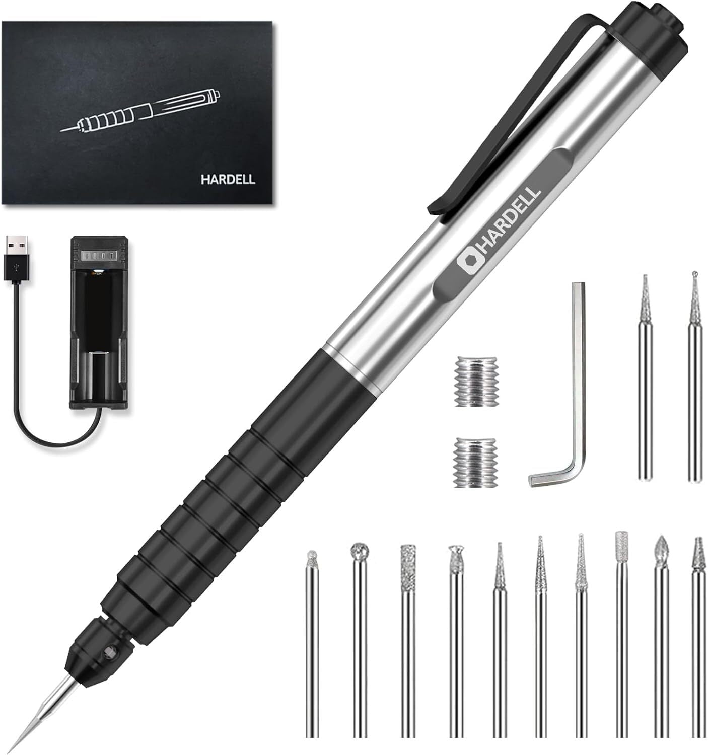HARDELL USB Rechargeable Engraving Pen, 6 Grinding Heads, Cordless ...