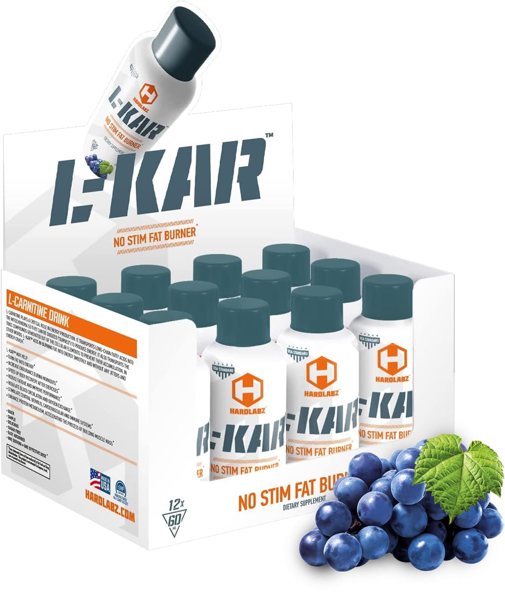 HARDLABZ L-KAR Preworkout - 3500mg L-Carnitine, Fat Burner, Grape, Zero Sugar, 2oz - 12 Pack ...