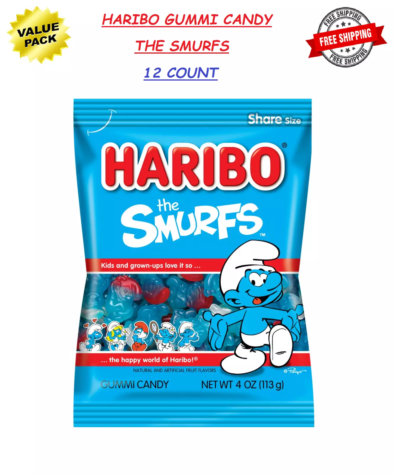 HARIBO Gummi Candy, The Smurfs, 4-Ounce Bags, Share Size (Pack of 12 ...
