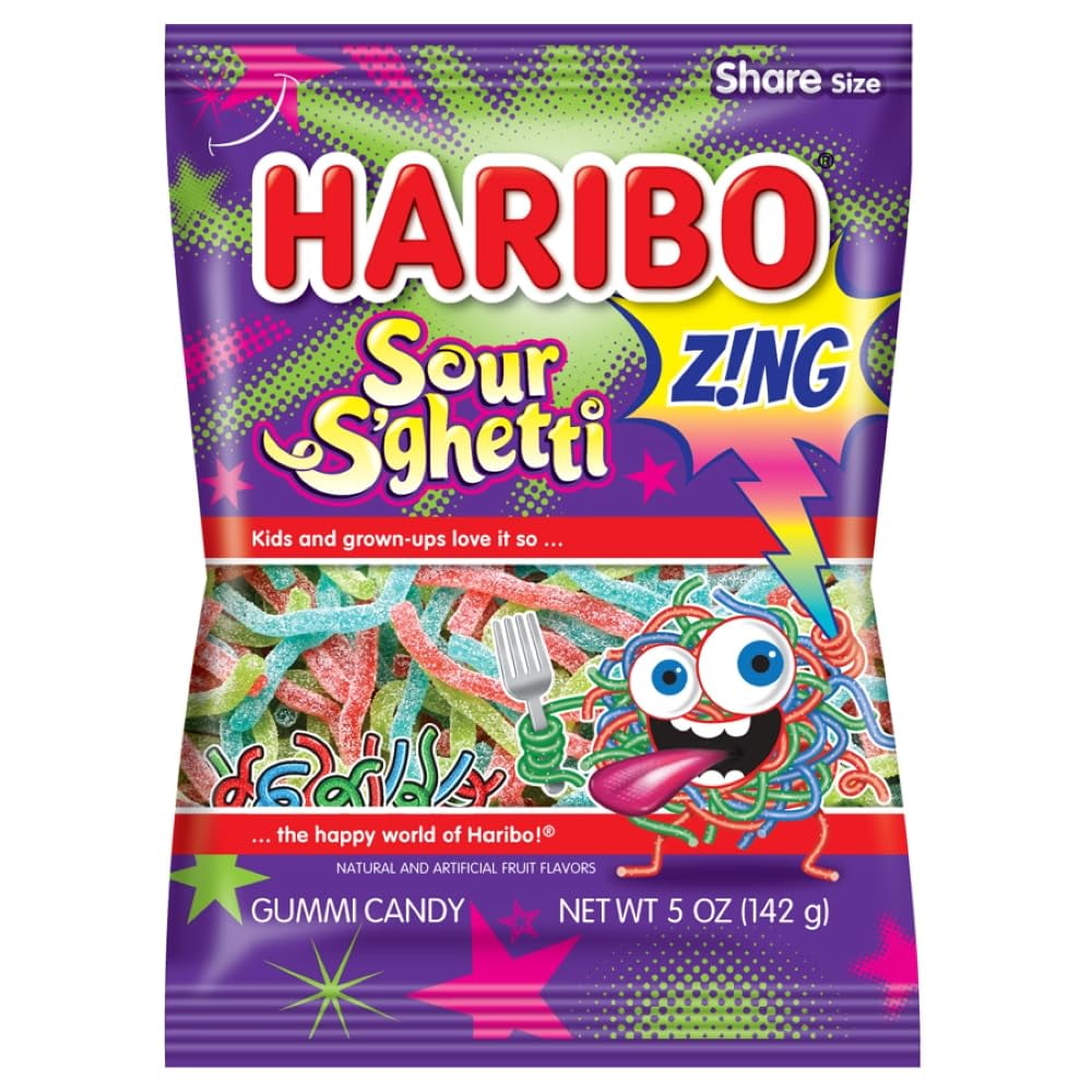 HARIBO Gummi Candy, Z!NG MFF30 Sour S’ghetti, Sour Gummy Candy, 5 Ounce ...