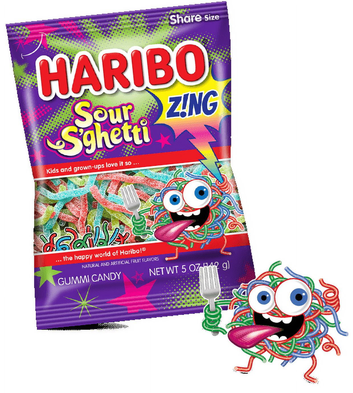 Haribo Z!NG Sour S'ghetti Gummies, Strawberry, Blue Raspberry and Apple ...