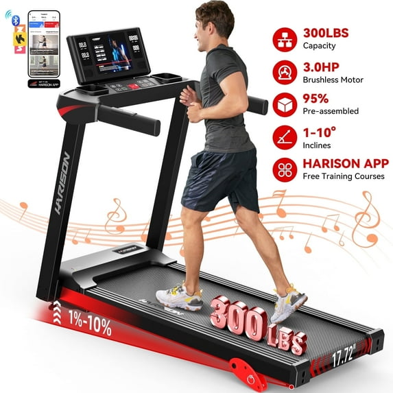 HARISON 95% Pre-Assembled Treadmill, 3-Level Incline, 3.0 HP Motor, 16 ...