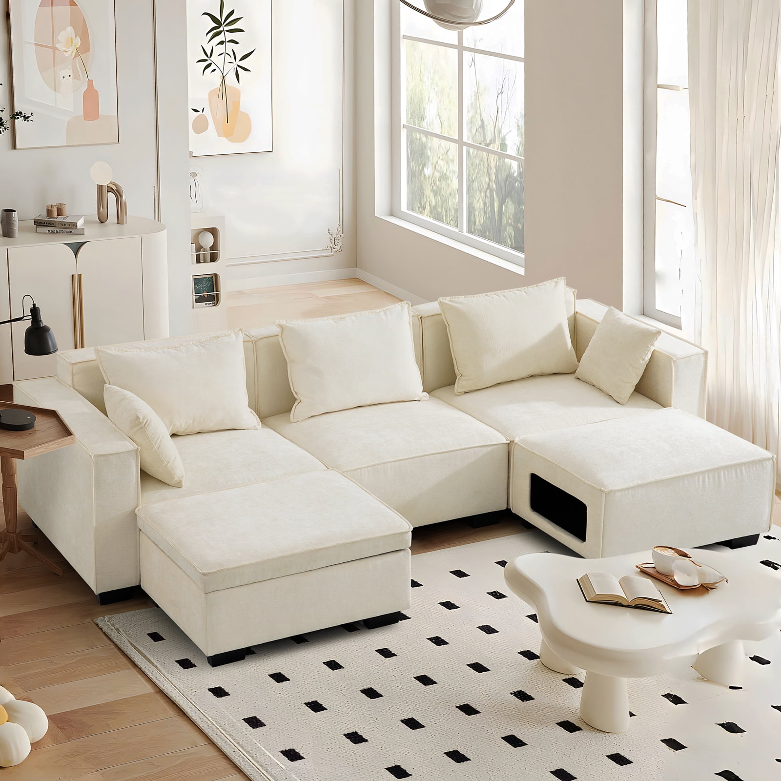 HARKAWON Modular Sectional Sofa，Chenille Fabric Couch with Cathole ...