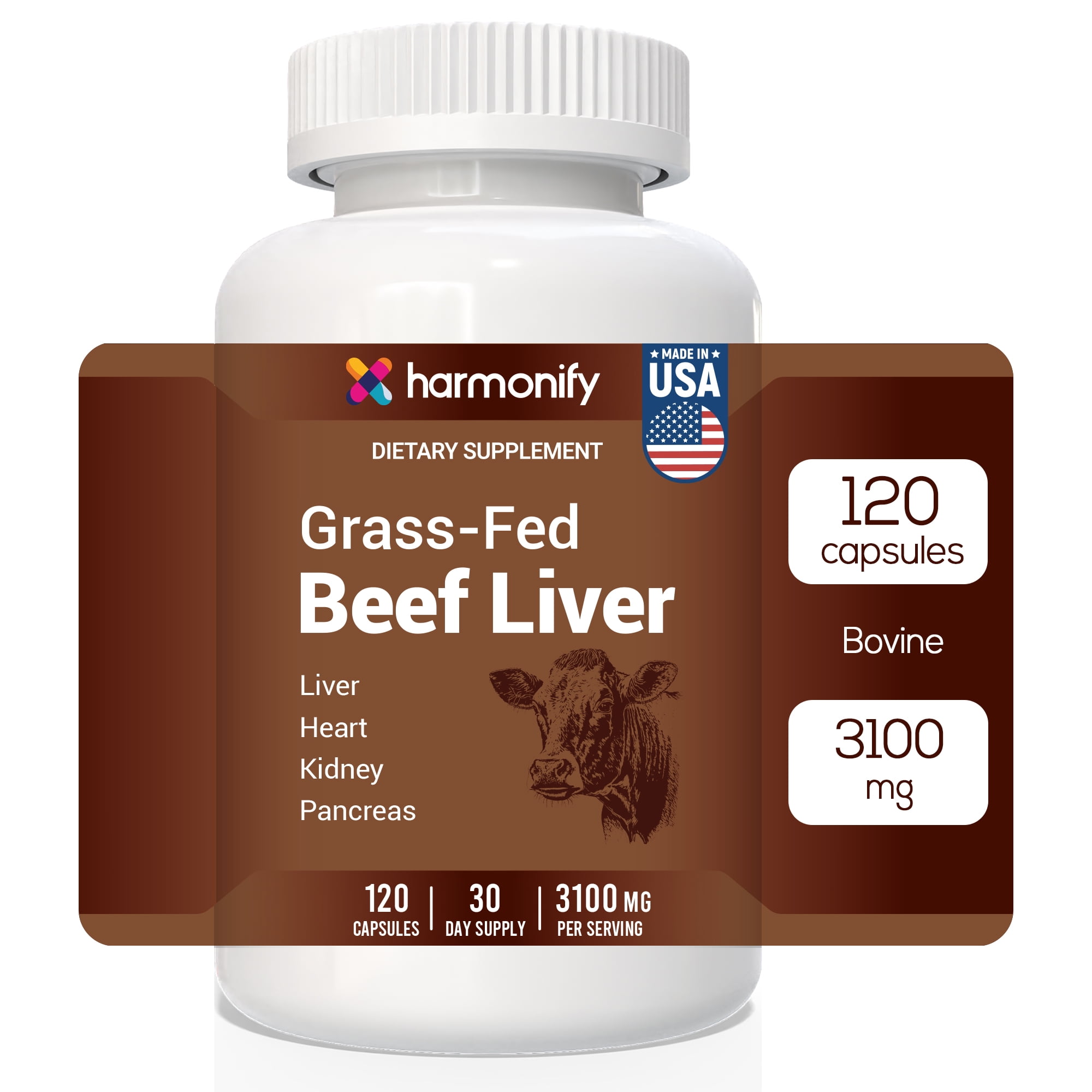 HARMONIFY Bovine Beef Liver Capsules 3100 mg Supplement Nutrient Grass ...