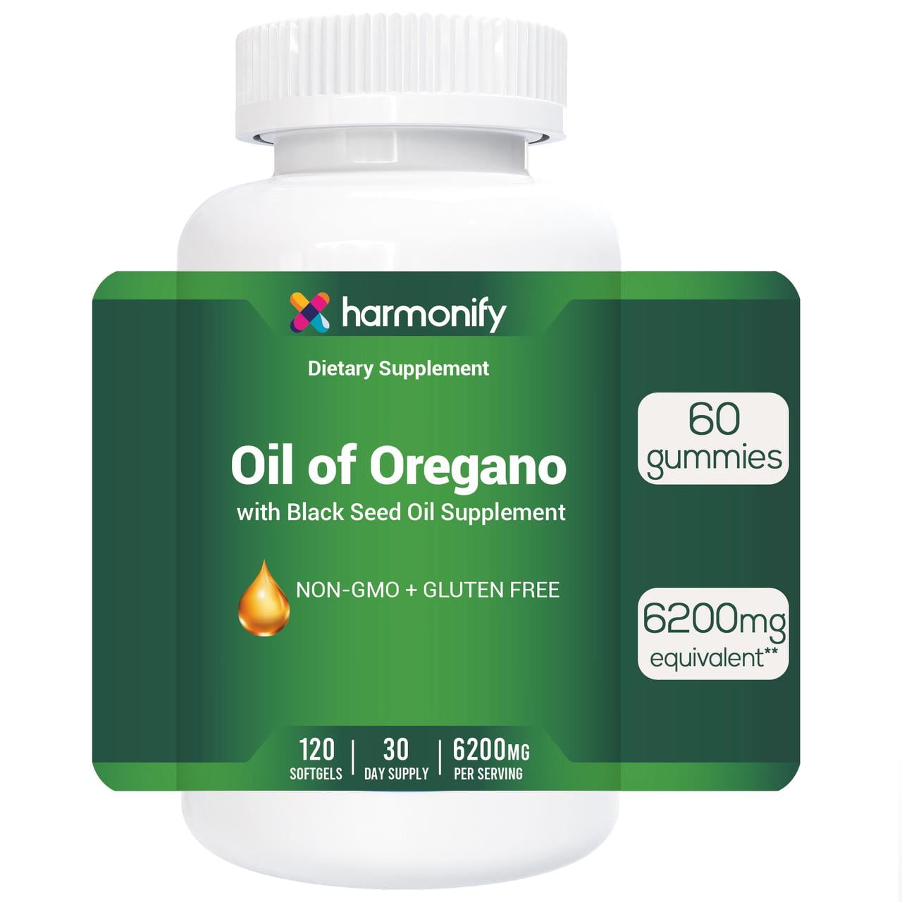 HARMONIFY Oil of Oregano with Black Seed Oil Supplement 120 Softgels 6200 mg Equivalent Non-GMO ...