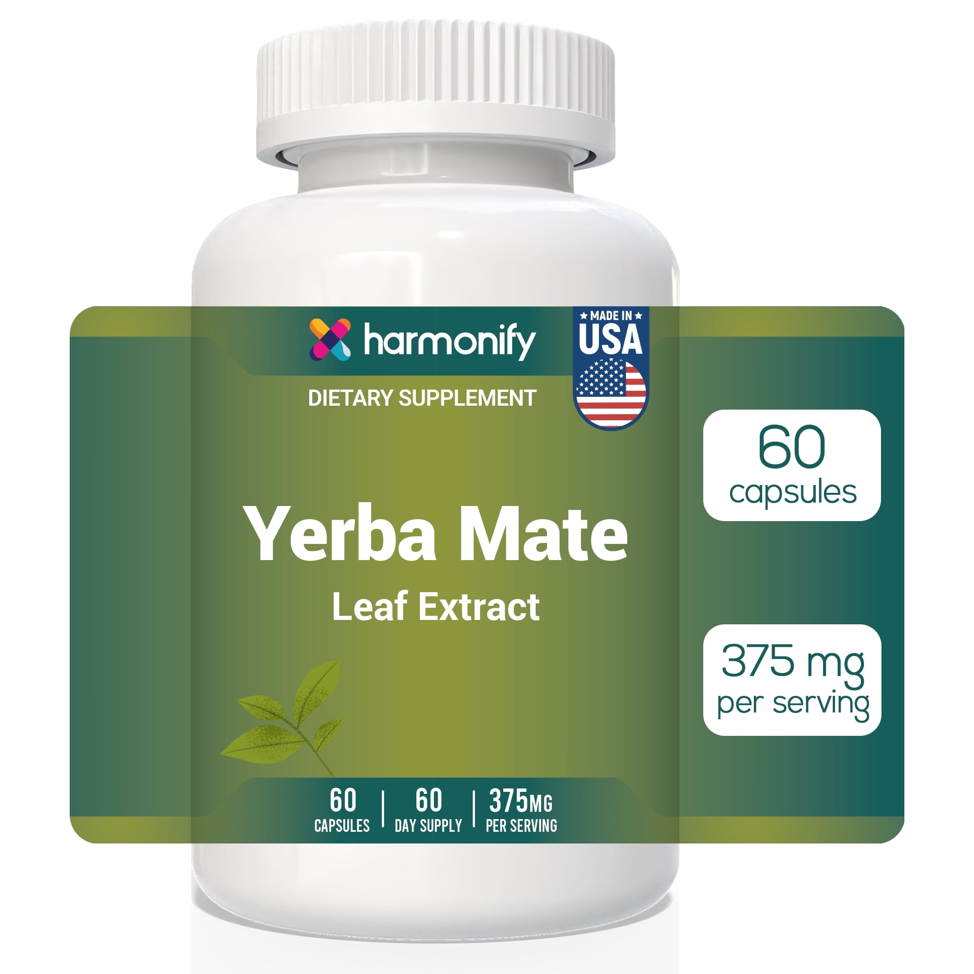 HARMONIFY Yerba Mate Leaf Extract Capsules – 375mg per Serving, 60 ...