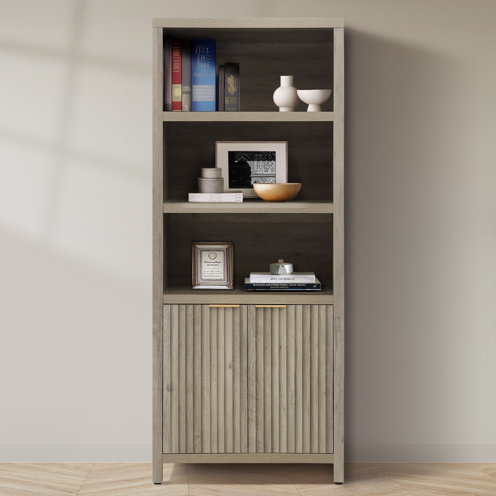 HARPPA Fluted Bookcase with Doors, Gray - Walmart.com