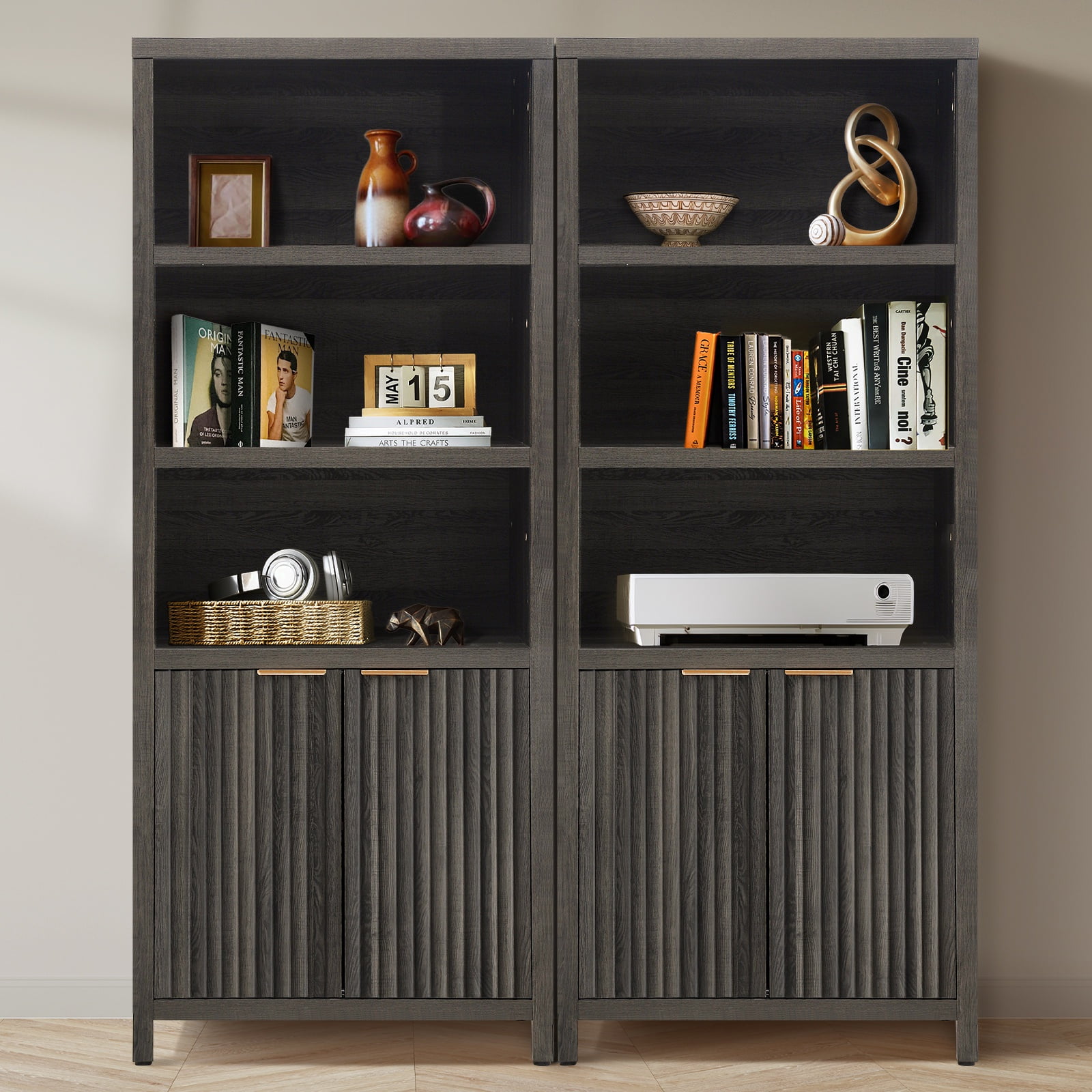 HARPPA Fluted Bookcase with Doors, Set of 2, Black - Walmart.com