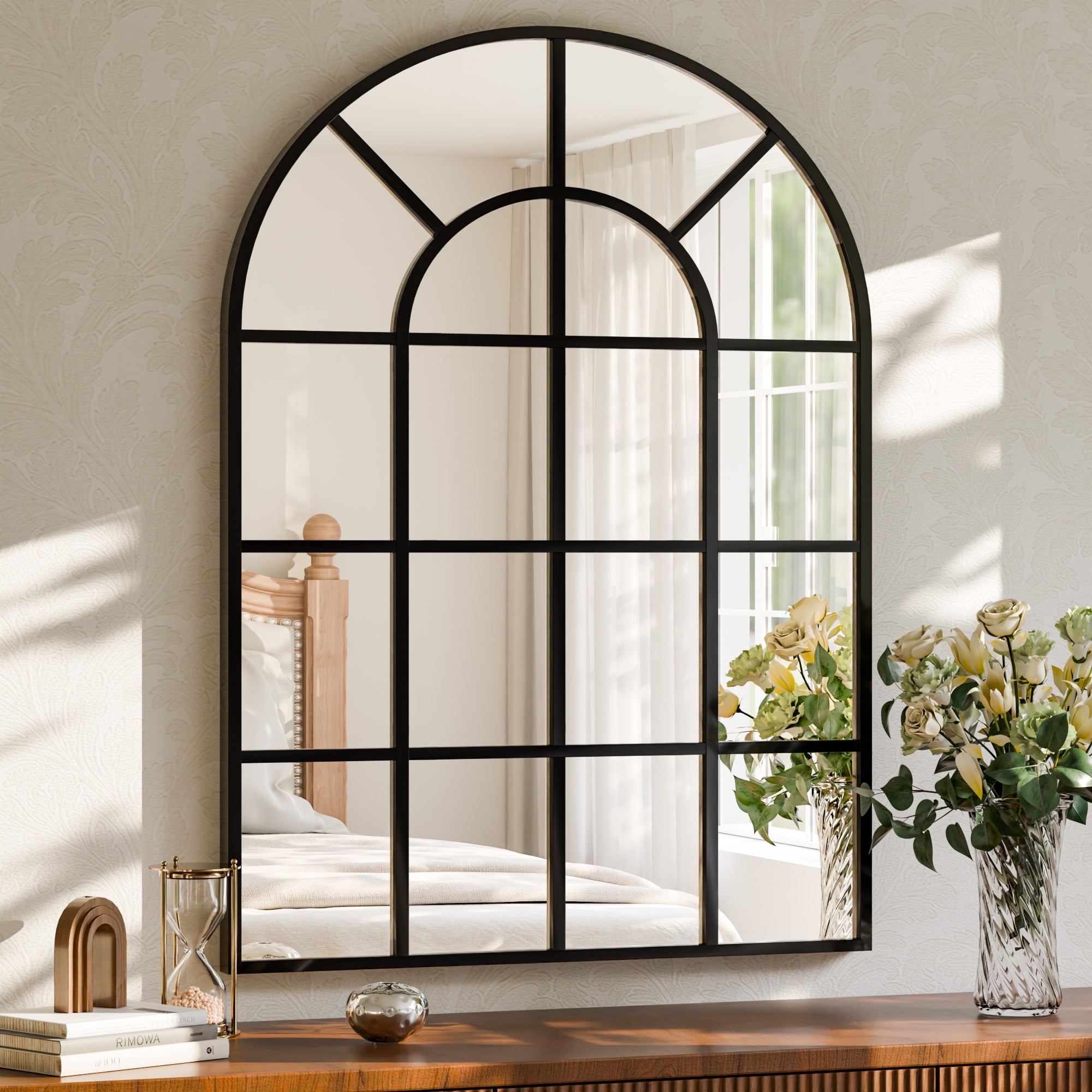 HARRITPURE 30"x40" Arched Window Pane Bathroom Mirror Decorative Grid ...