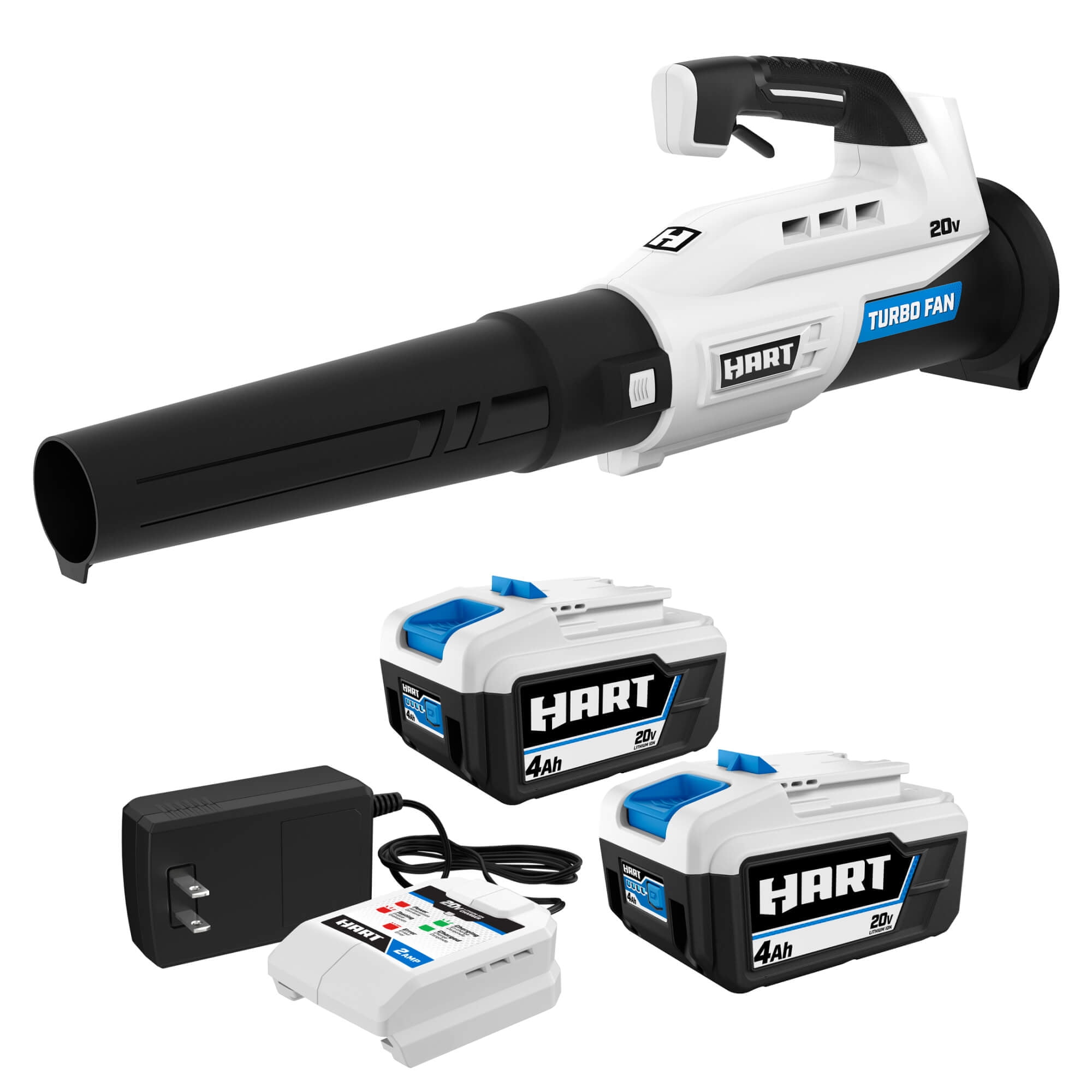 HART 20-Volt 2-Pack 4Ah and Charger Starter Kit and 315CFM Blower ...