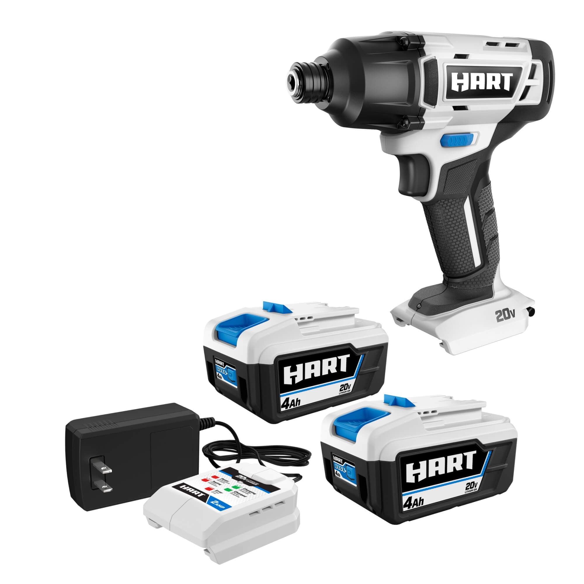 HART 20-Volt 2-Pack 4Ah and Charger Starter Kit and Impact Driver ...