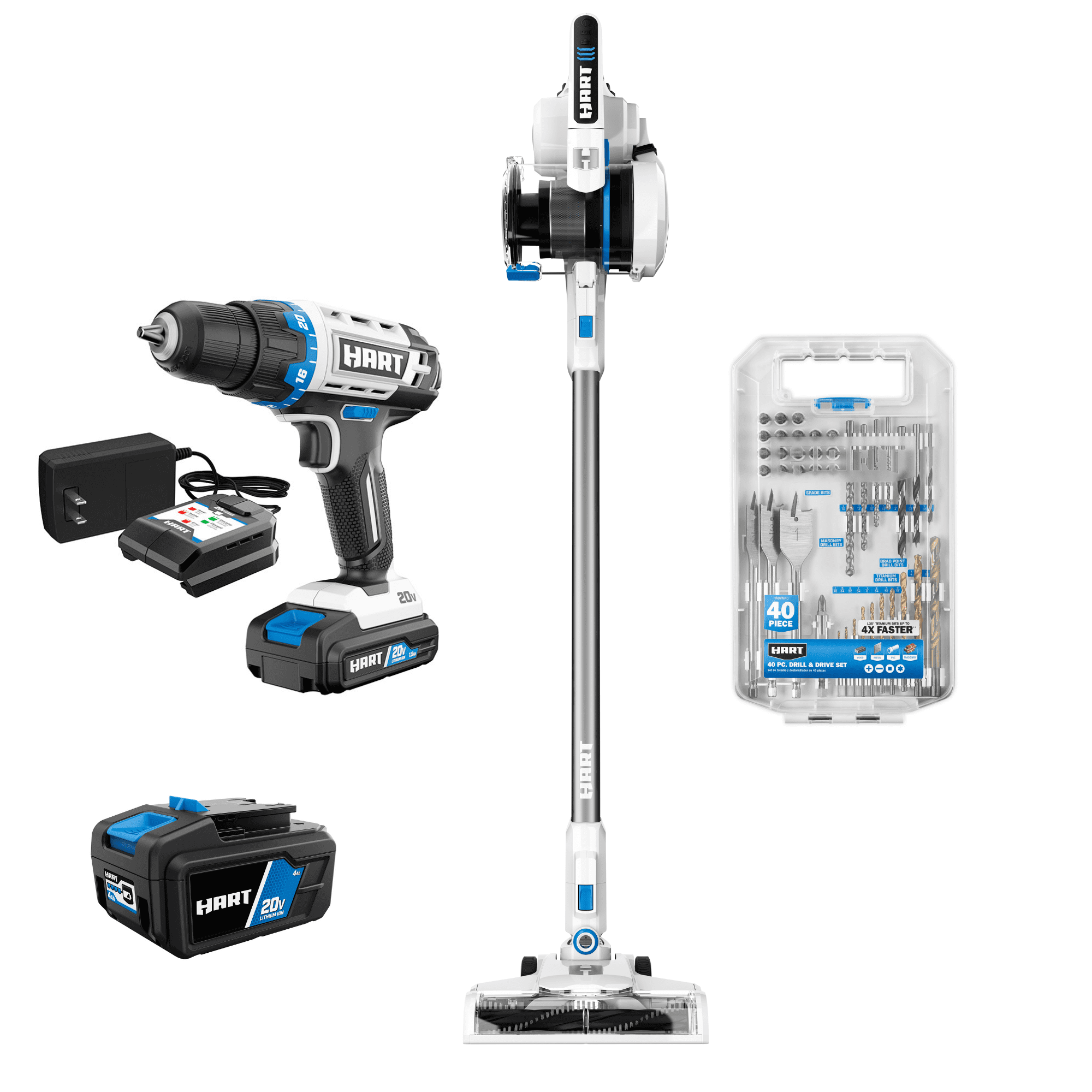 HART 20-Volt Home Starter Kit, HART 20-Volt Cordless Stick Vacuum (1) 4 ...