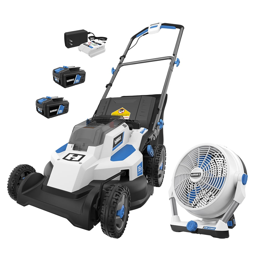 HART 20-Volt Hybrid Fan and Hart 20-Volt 16-Inch Push Lawn Mower (2) 20 ...