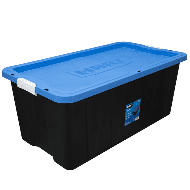 HART 40 Gallon Latching Plastic Storage Bin Container, Black with Blue ...