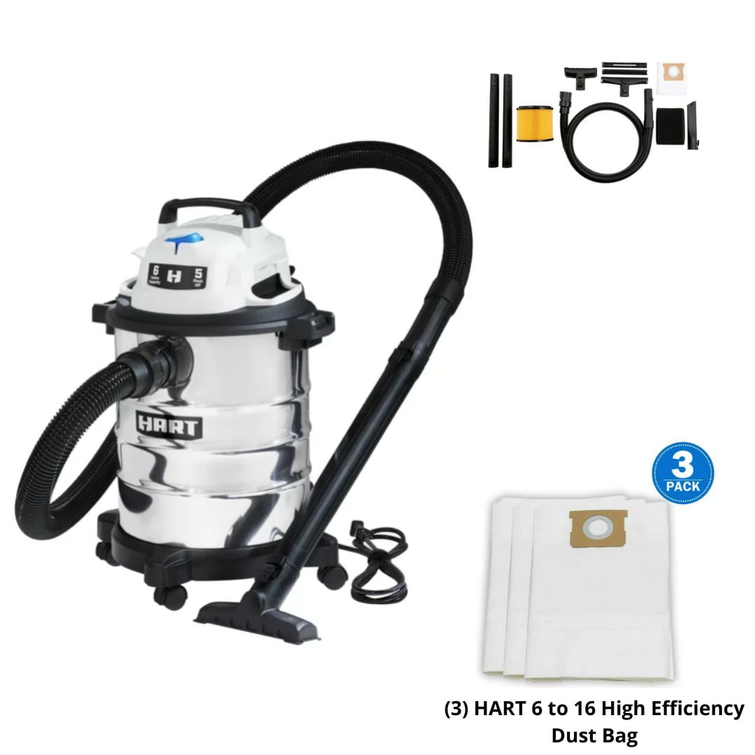 HART 6 Gallon 5 Peak HP Stainless Steel Wet/Dry Vacuum With 6-16 Fine ...
