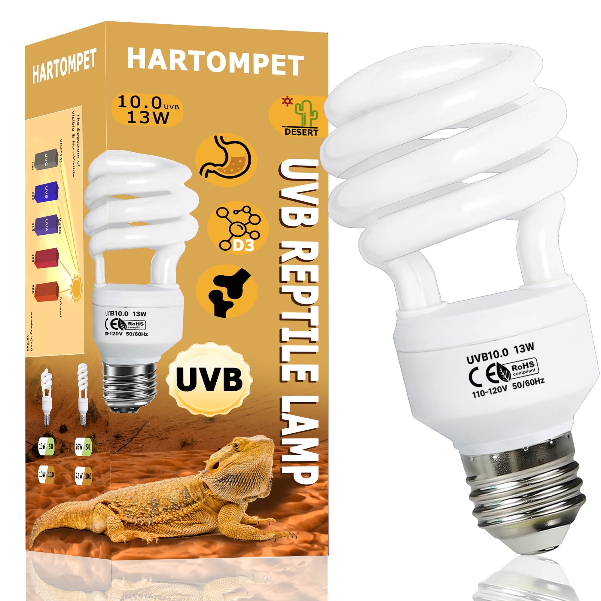 HARTOMPET UVB 10.0 Reptile Light 13W, Compact Fluorescent Coil Bulb for ...