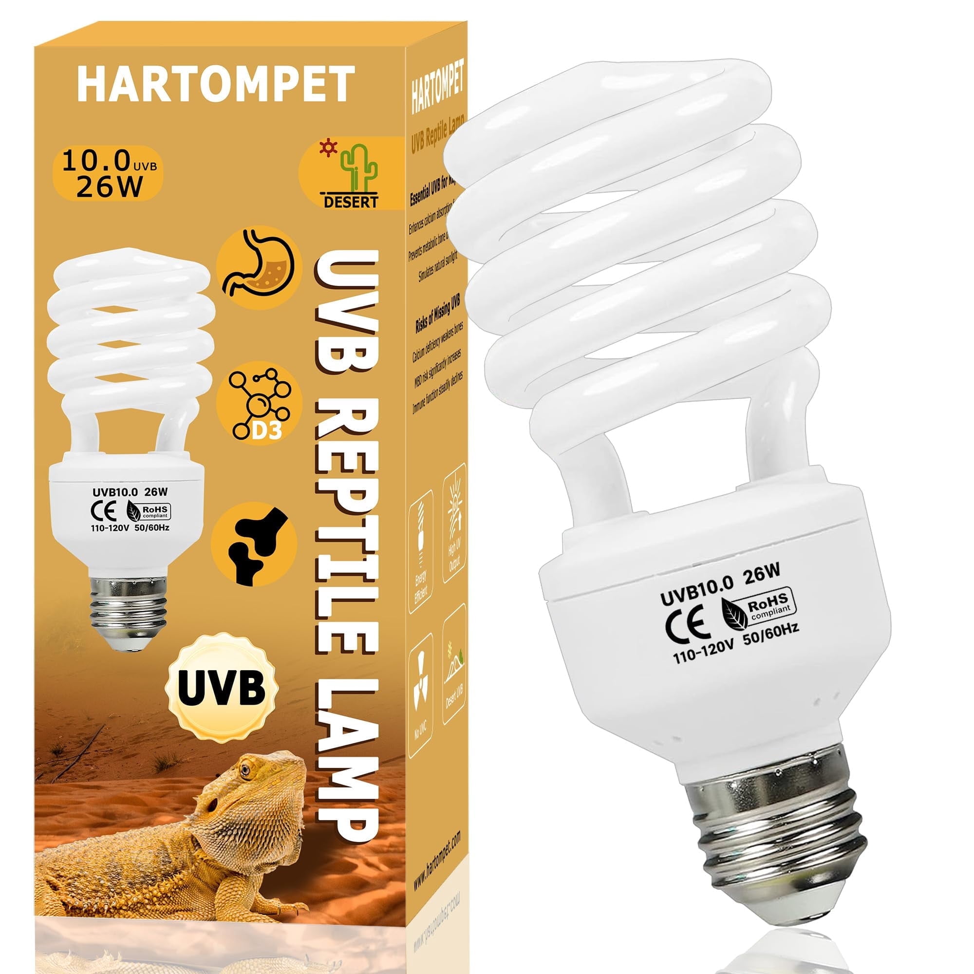 MATELOONG UVB Reptile Light 26W 10.0, Compact Coil Bulb for Bearded ...