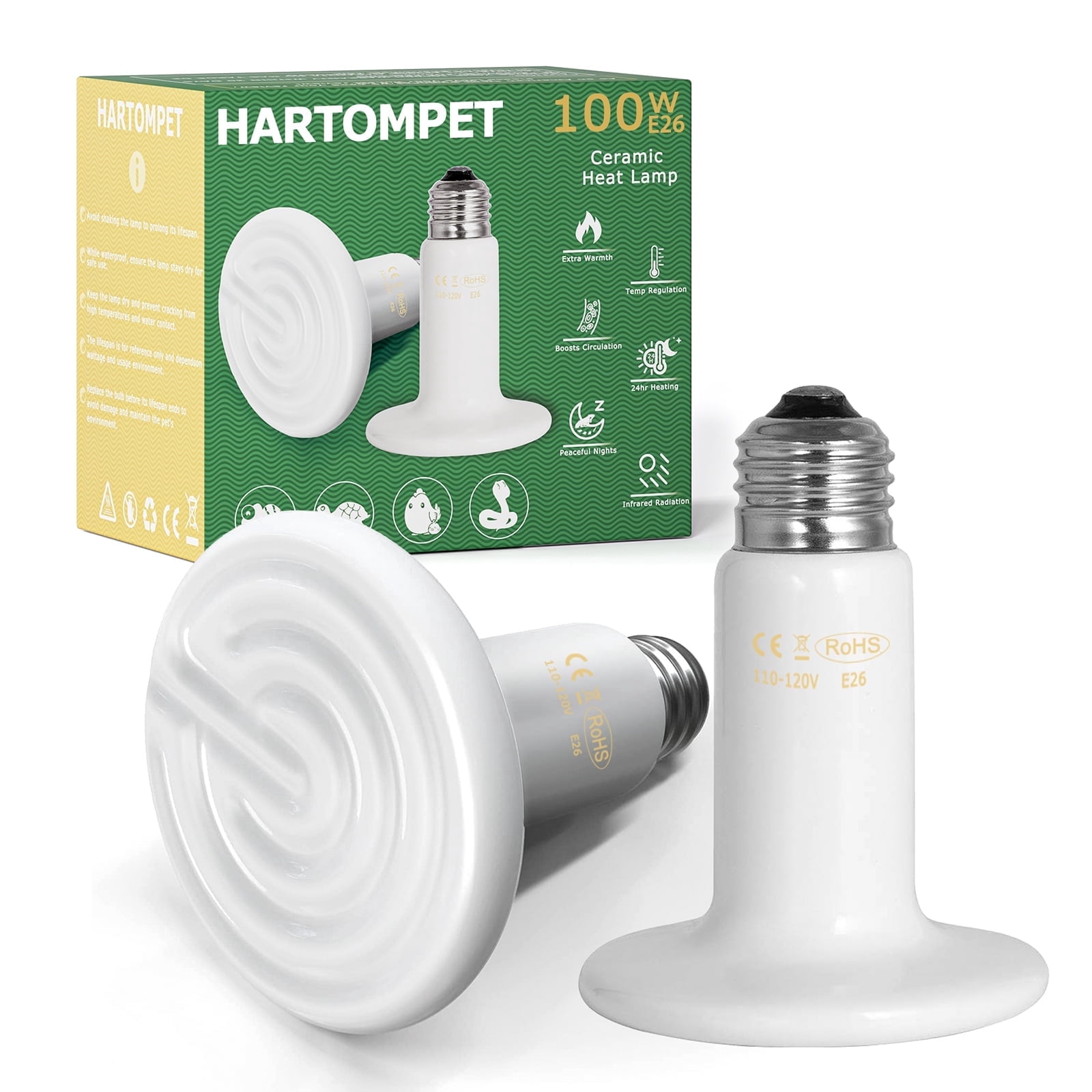 HARTOMPET 100W Ceramic Heat Emitter - White Reptile Heat Bulb - No ...