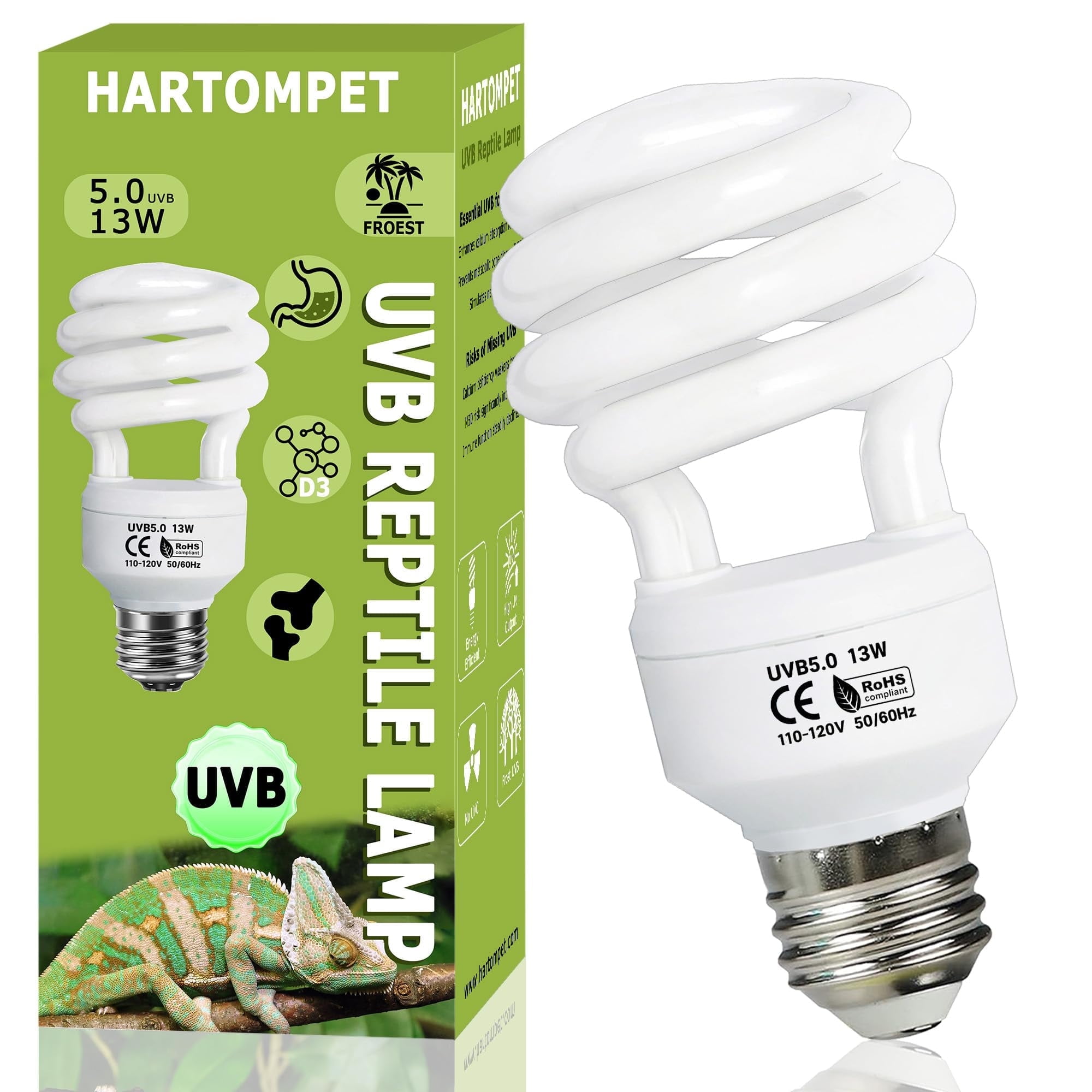 HARTOMPET 5.0 UVB Reptile Light 13W, Compact Tropical Coil UVB Bulb ...
