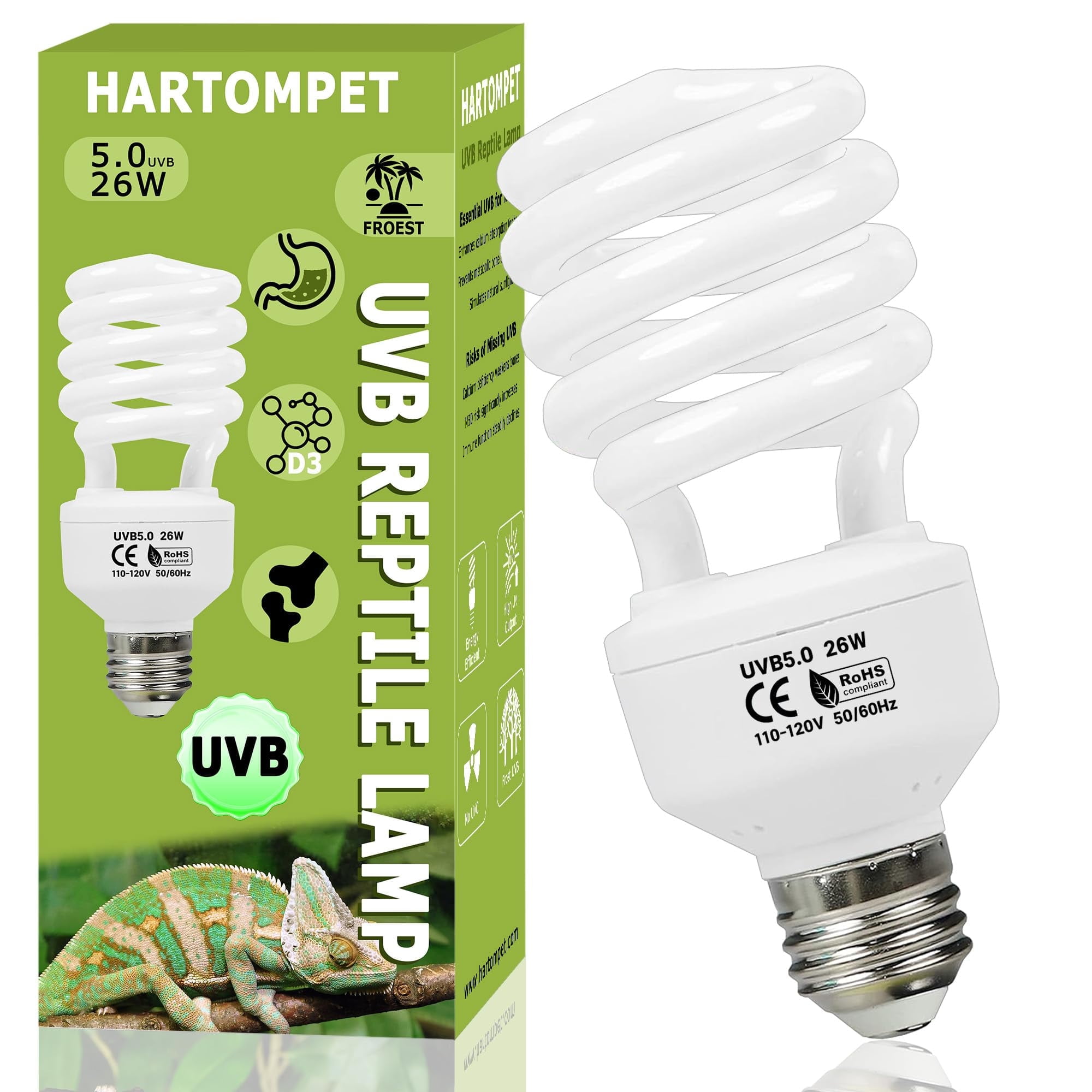 HARTOMPET 5.0 UVB Reptile Light 26W, Compact Tropical & Sub-Tropical ...