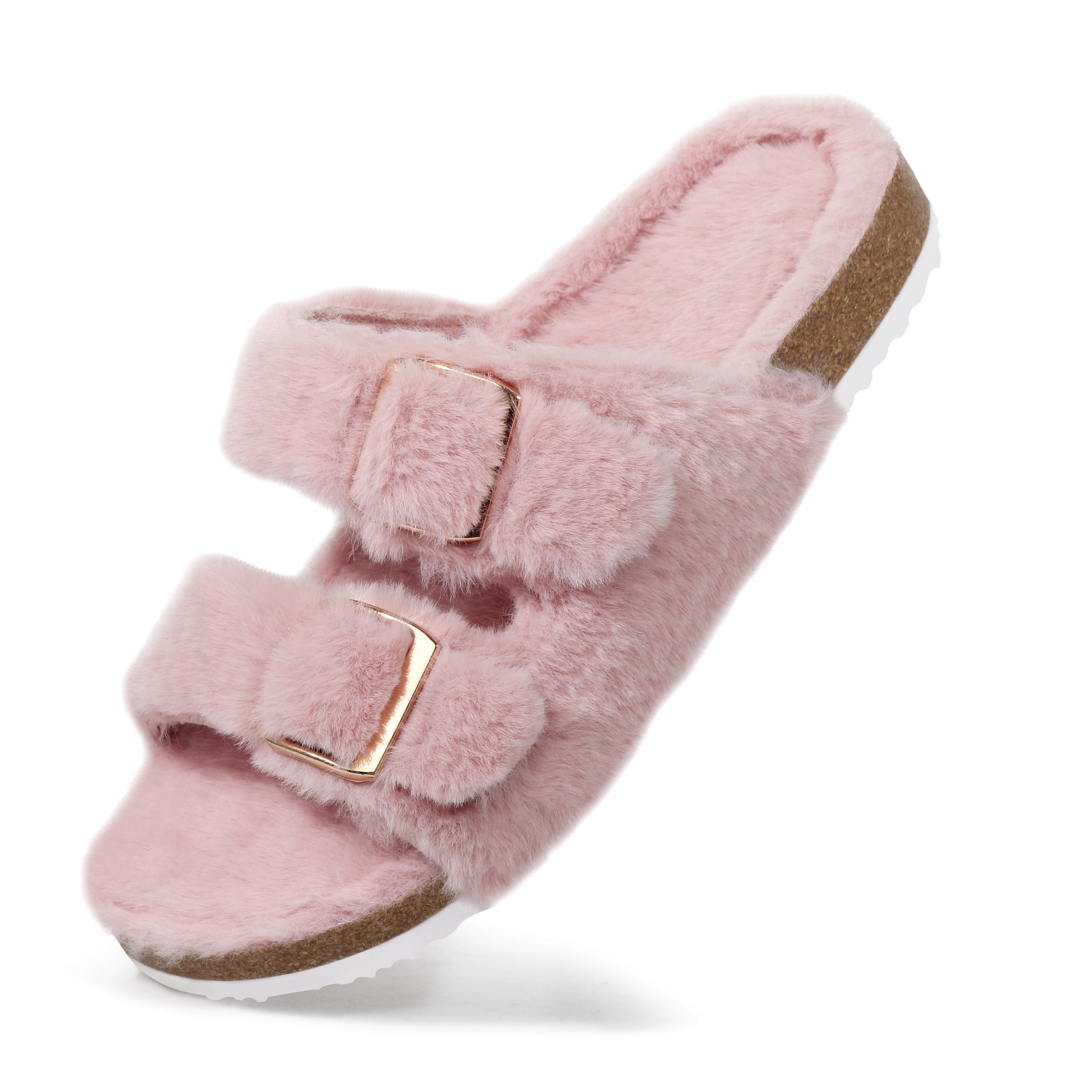 HARVEST LAND Womens Open Toe Cork Slippers with Faux,Fuzzy Footbed ...