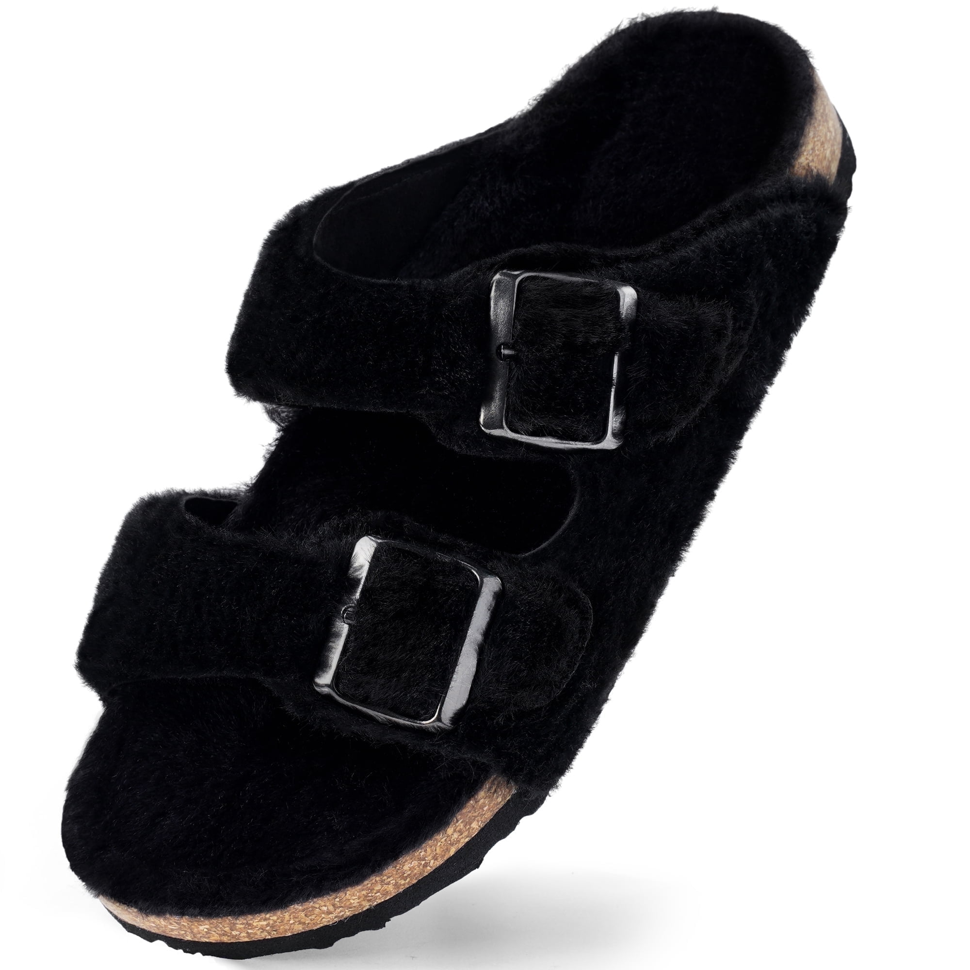 HARVEST LAND Womens Fuzzy Footbed Sandals Comfort Faux Open Toe Cork ...
