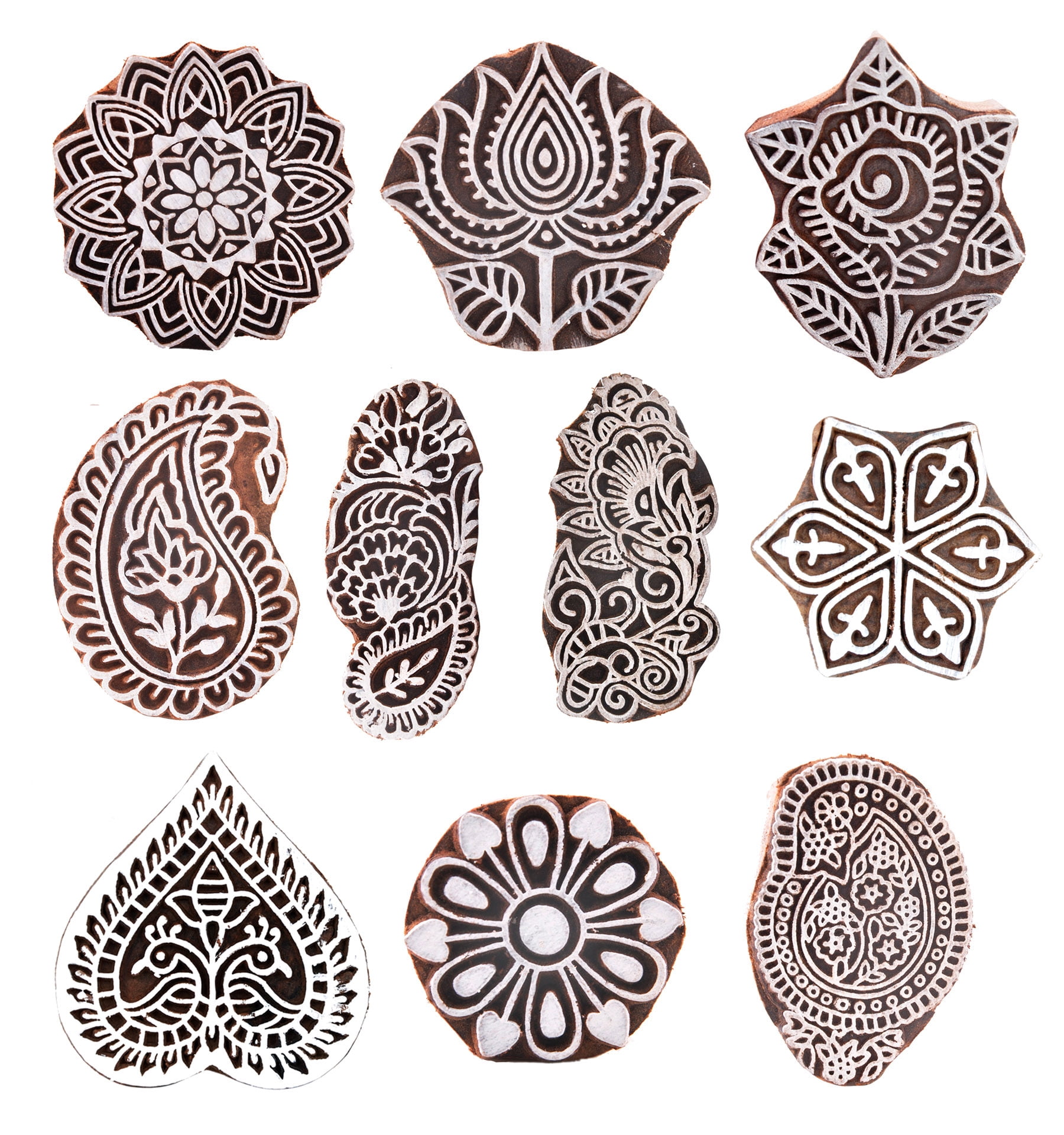 HASHCART Wooden Pottery Stamps for Block Printing - Stamp Set of 10 ...