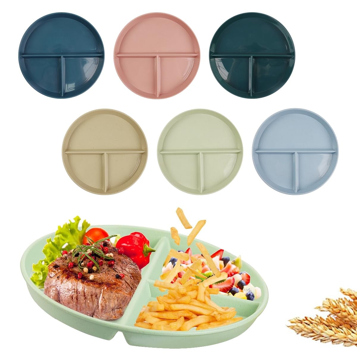 HASTHIP Set of 6 EarthFriendly Round Dinner Plates with 3Compartment ...