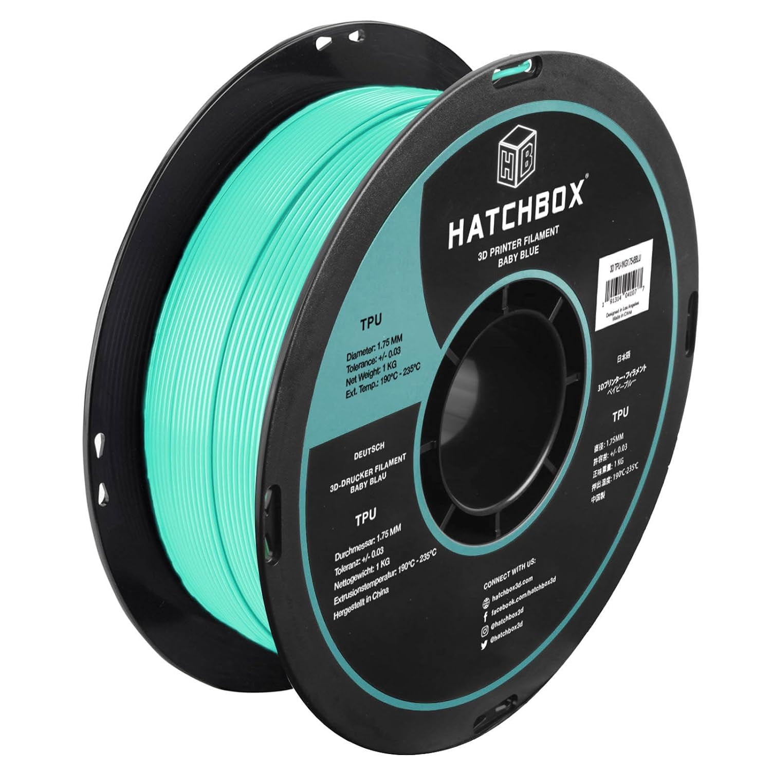 HATCHBOX 1.75mm Baby Blue TPU 3D Printer Filament Shore 95A, 1 KG Spool ...