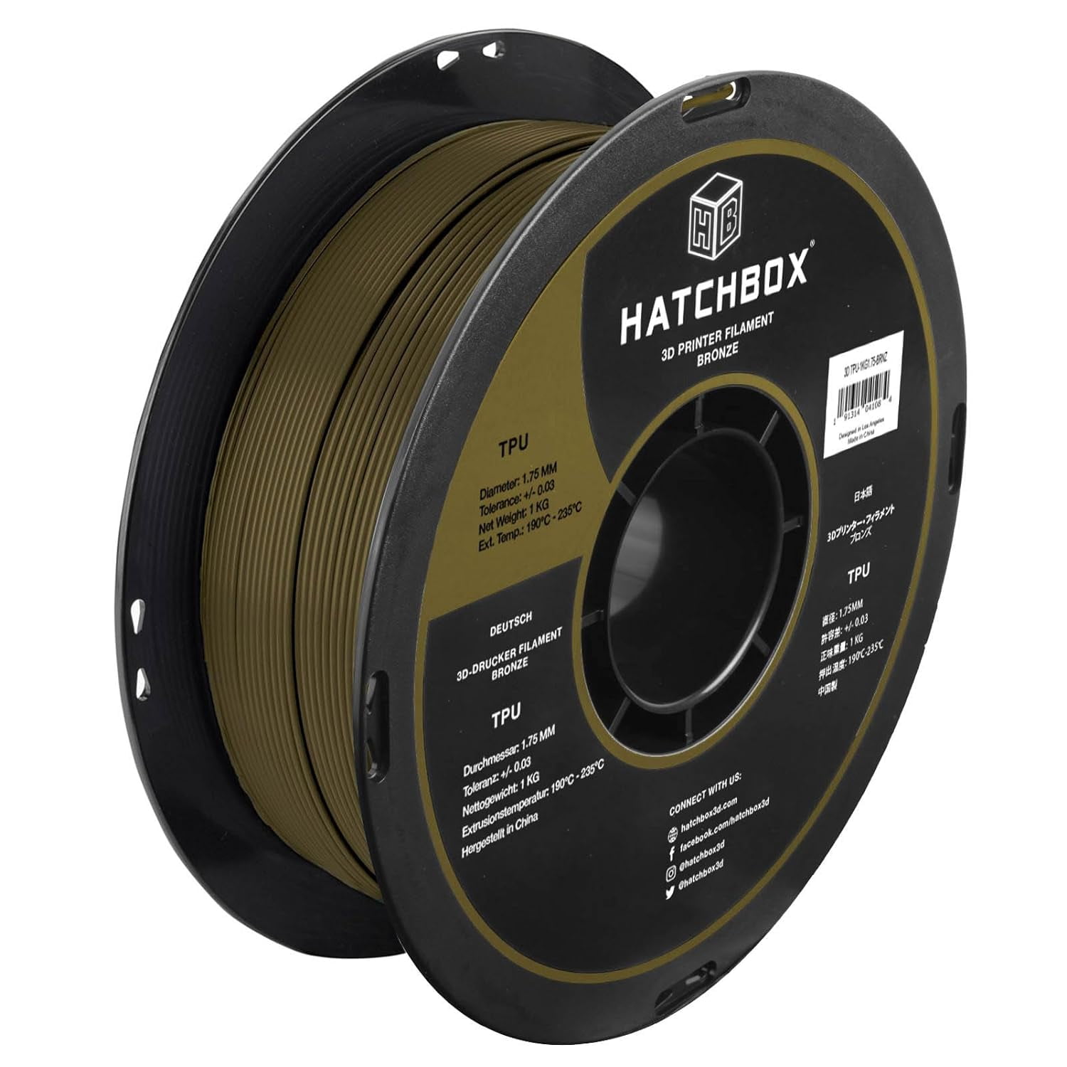 HATCHBOX 1.75mm Bronze TPU 3D Printer Filament Shore 95A, 1 KG Spool ...