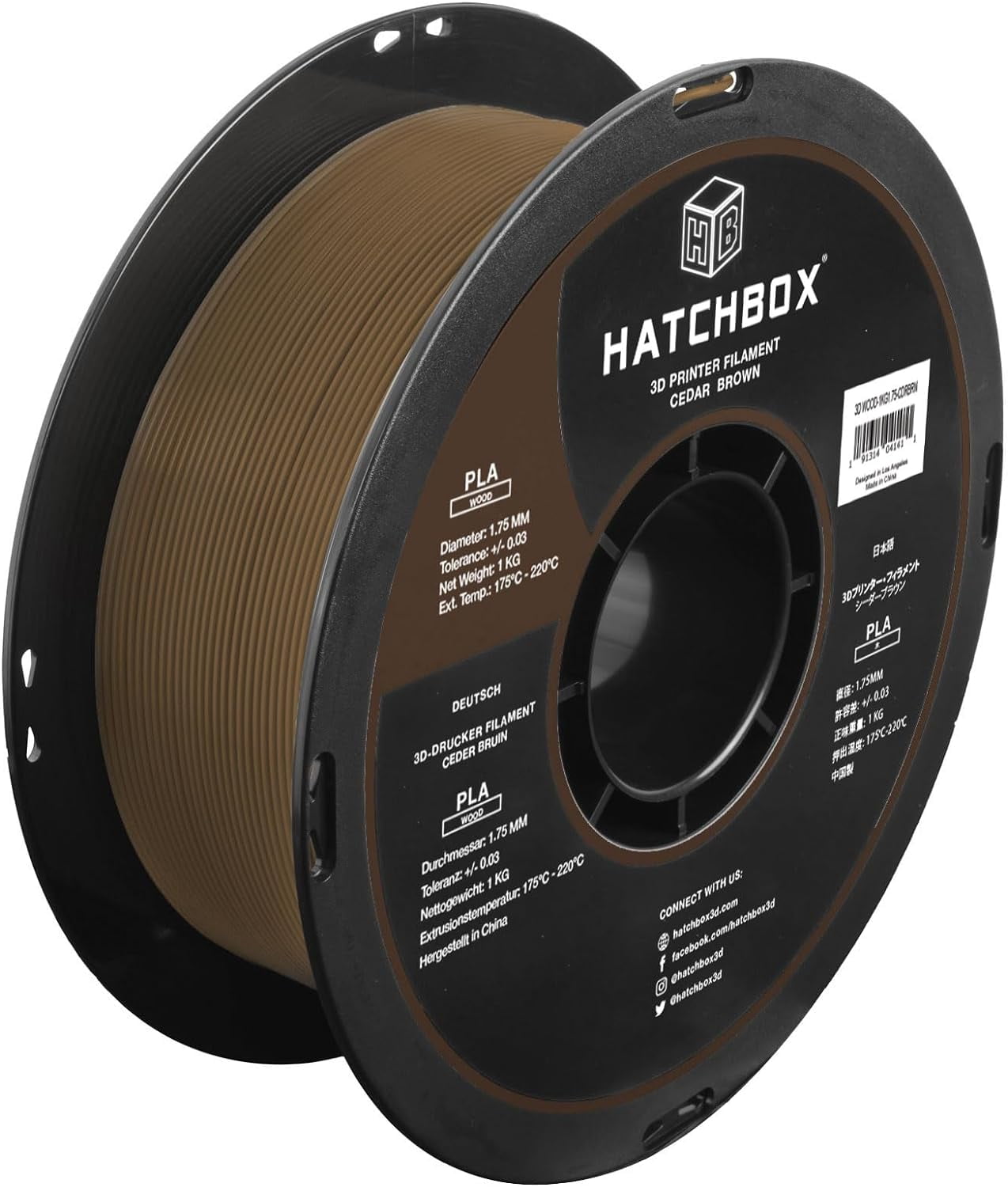 HATCHBOX 1.75mm Cedar Brown Wood PLA 3D Printer Filament, 1 KG Spool ...