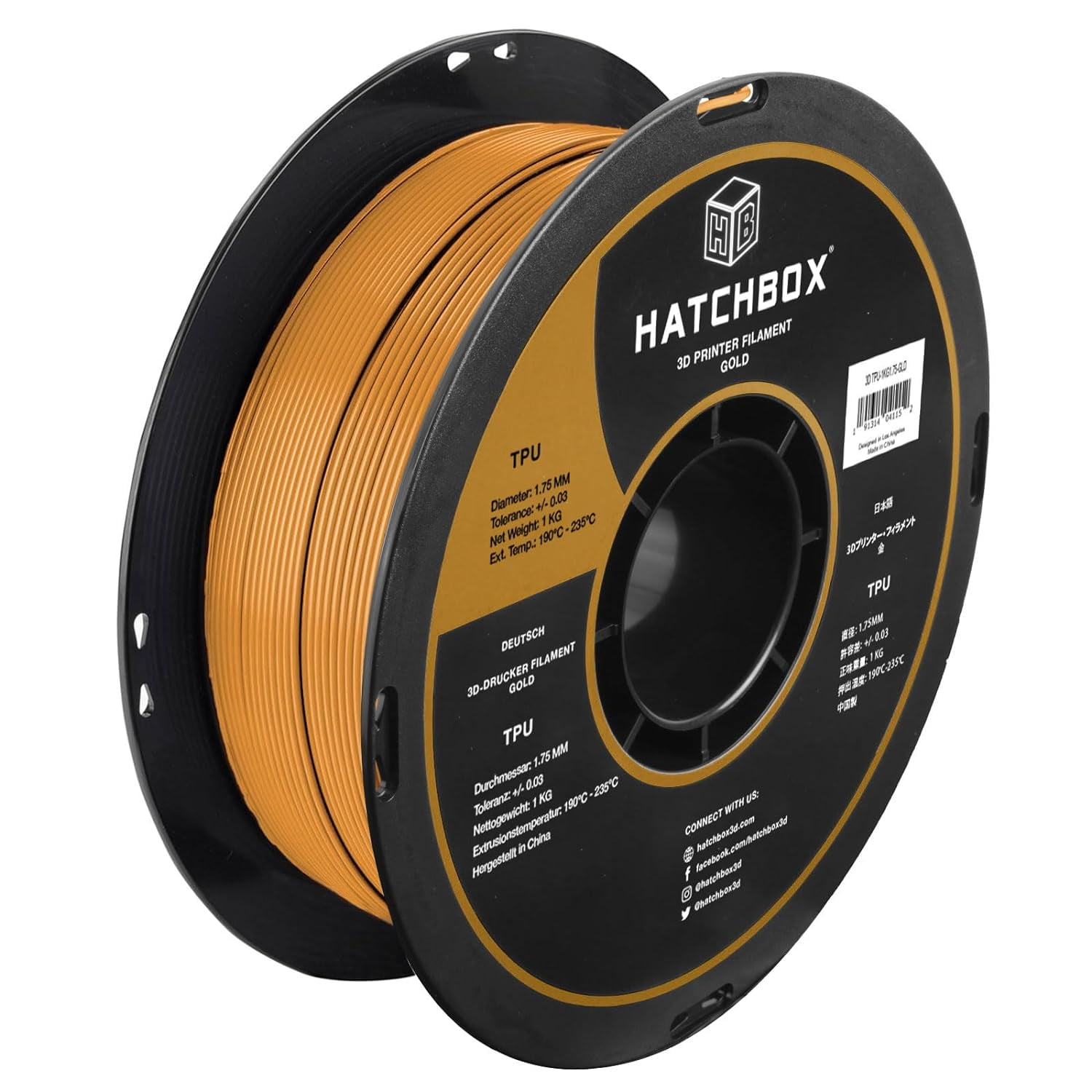 HATCHBOX 1.75mm Gold TPU 3D Printer Filament Shore 95A, 1 KG Spool ...