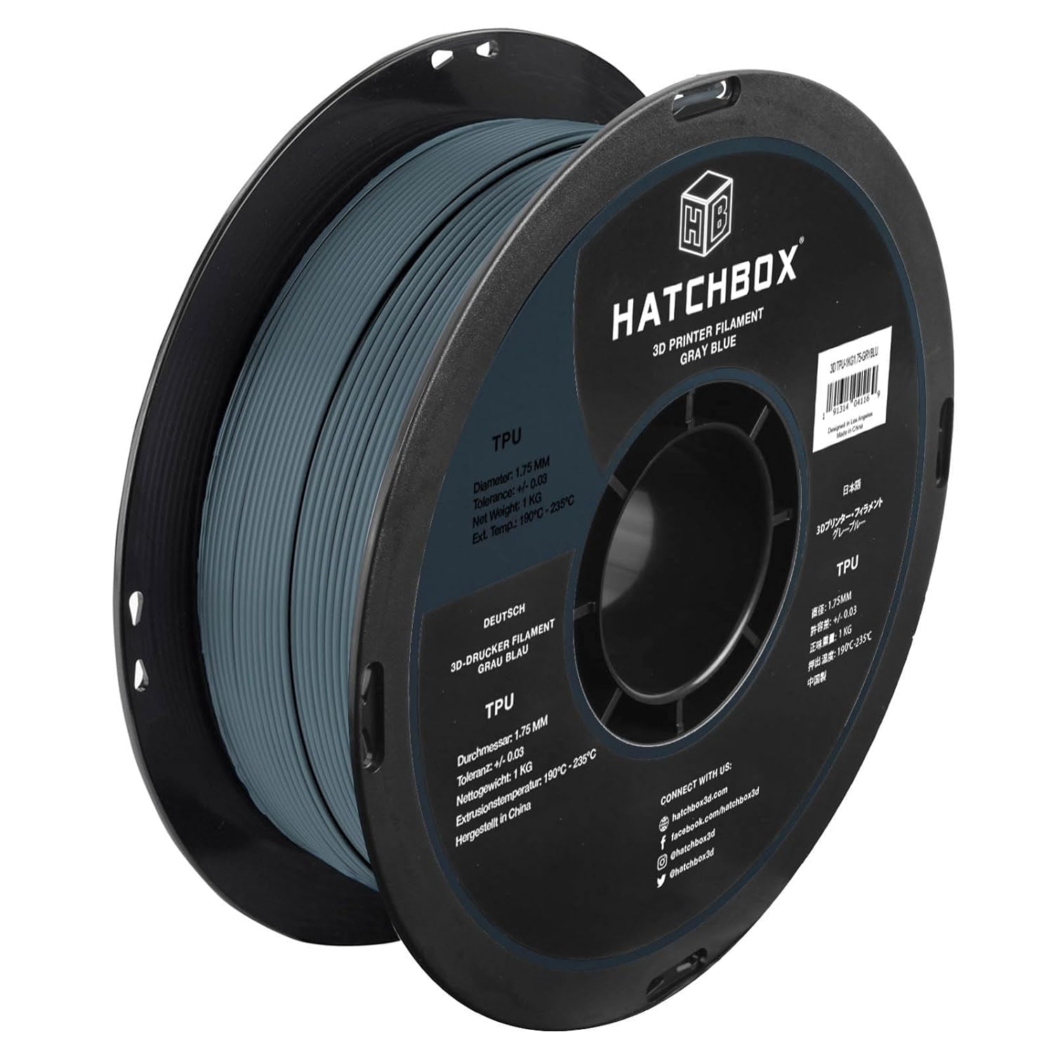 HATCHBOX 1.75mm Gray Blue TPU 3D Printer Filament Shore 95A, 1 KG Spool ...